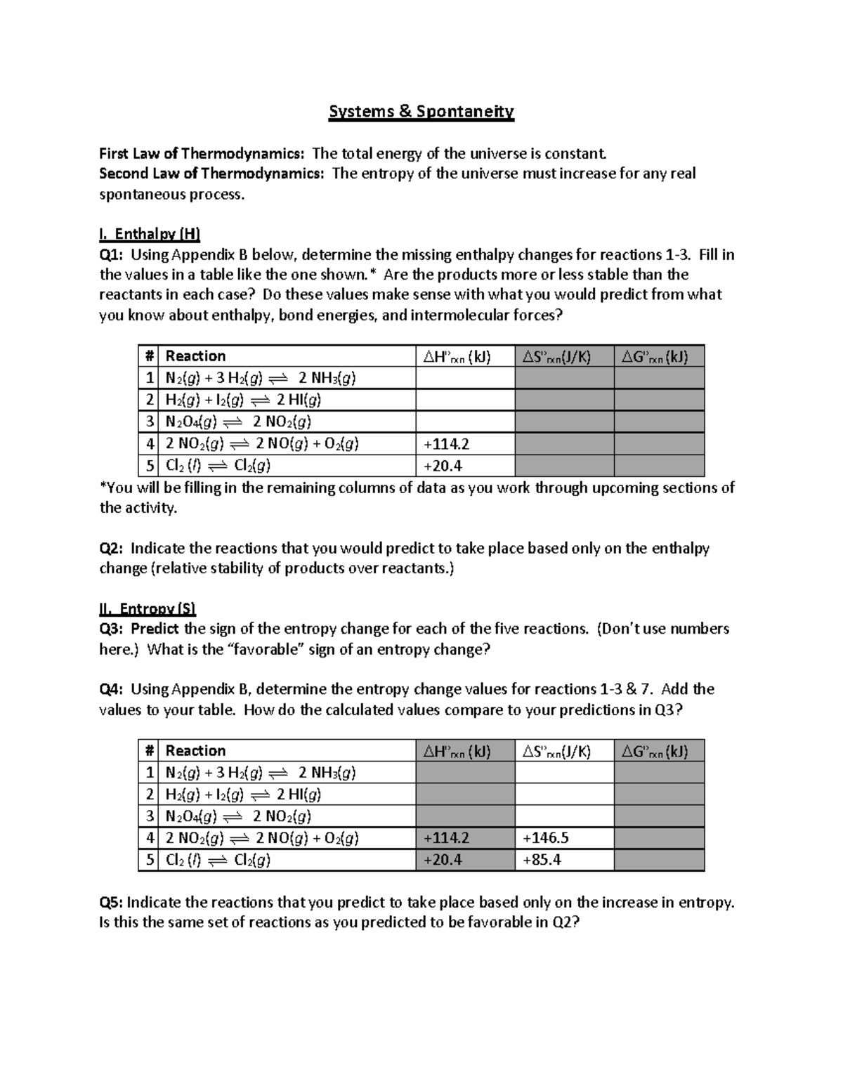 CHEM1062 CLUE Wksht 5 - homework - Systems & Spontaneity First Law of ...