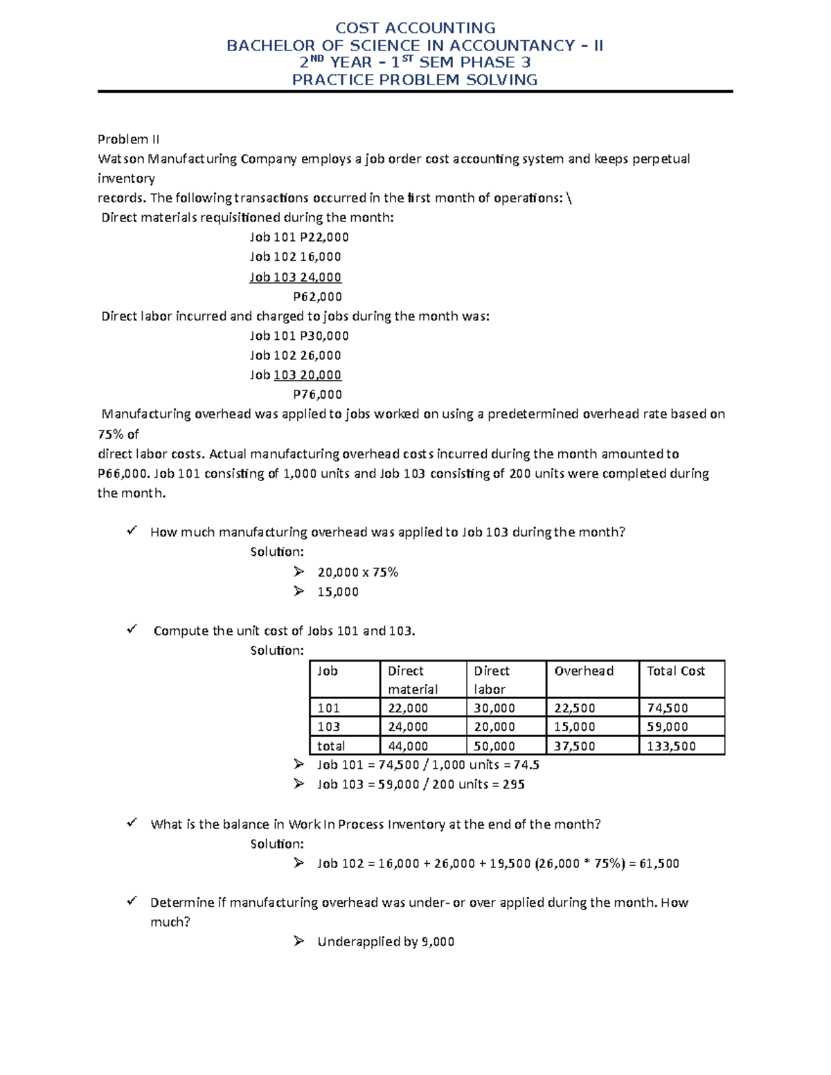 Problem II short solving problem with solution - COST ACCOUNTING ...