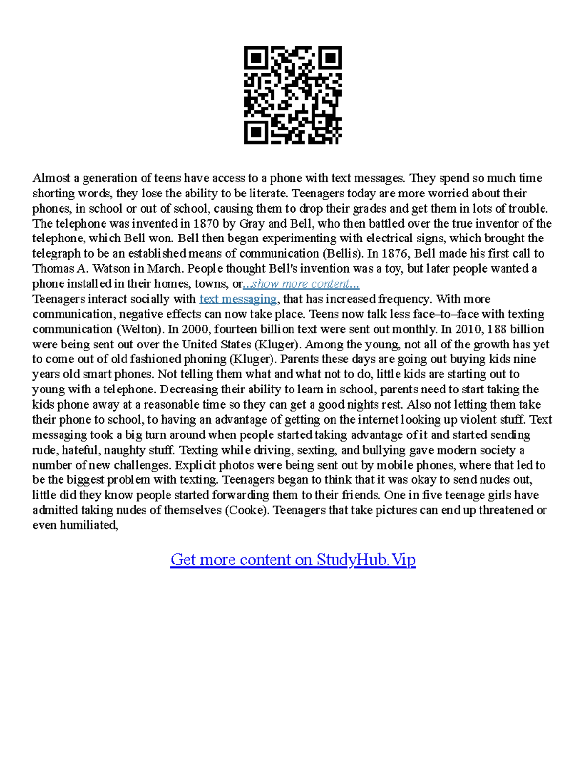 Text Messaging Essay - Almost a generation of teens have access to a phone with text messages ...