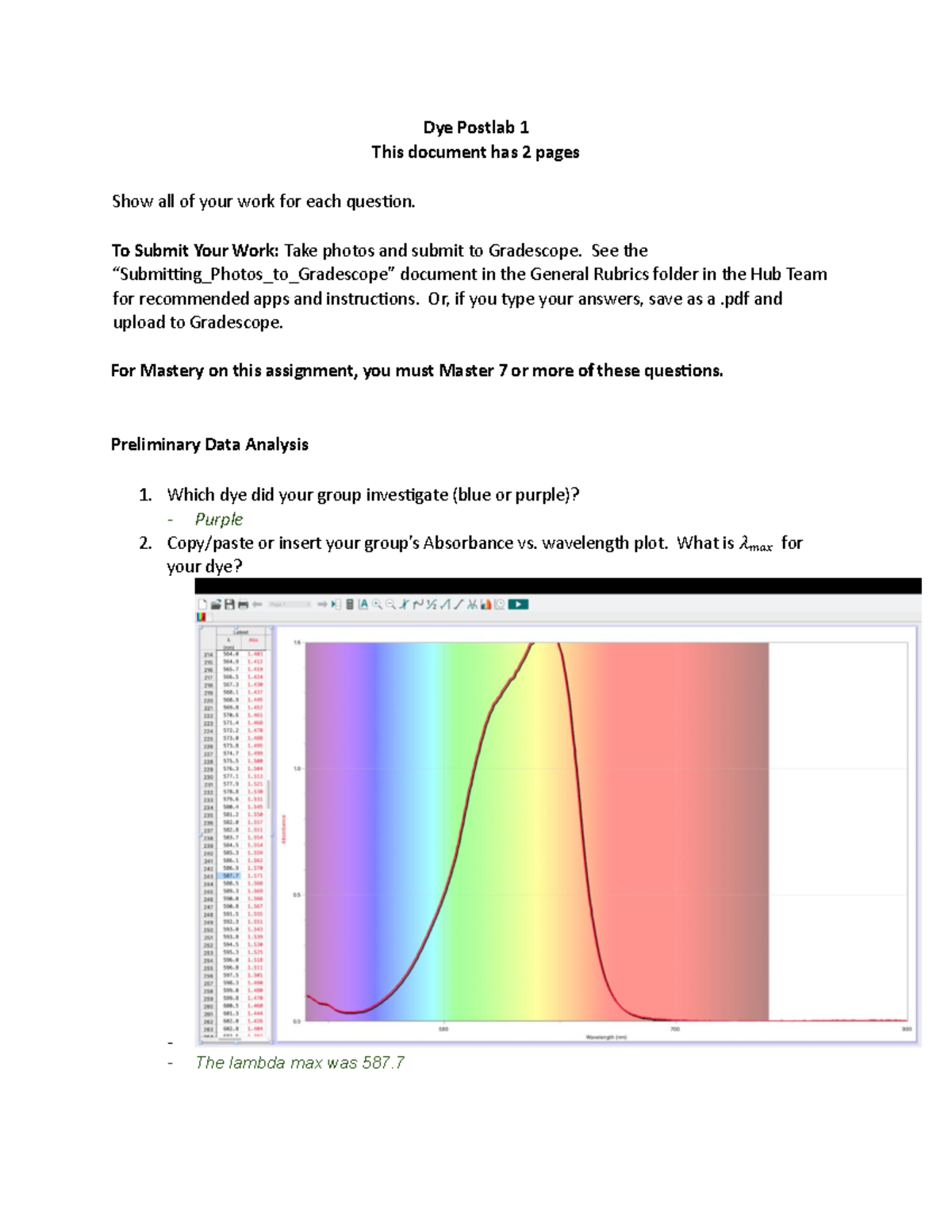 Dye Kinetics Postlab 1 revised - Dye Postlab 1 This document has 2 ...
