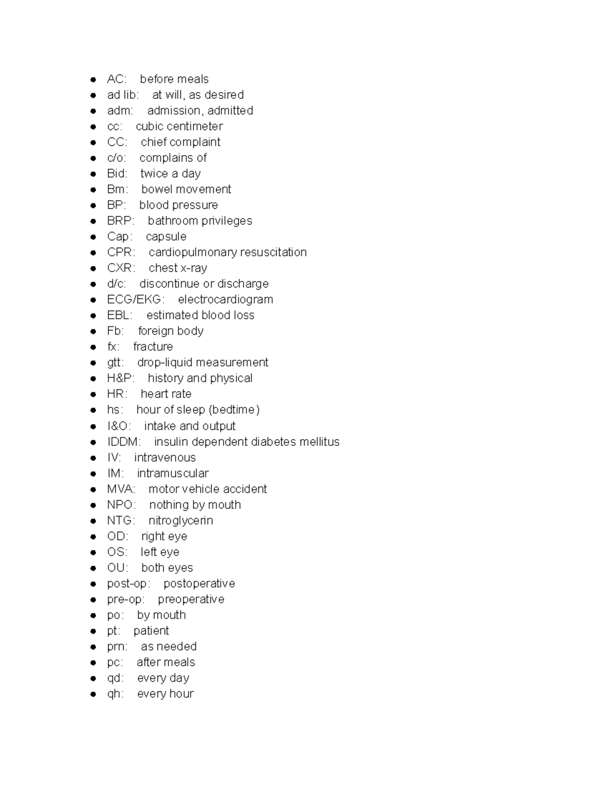 Medical abbreviations - AC: before meals ad lib: at will, as desired ...
