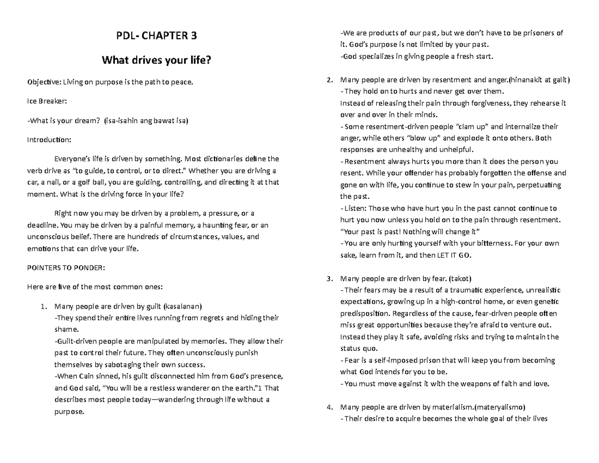 Purpose Driven Life 3 - PDL- CHAPTER 3 What drives your life? Objective ...