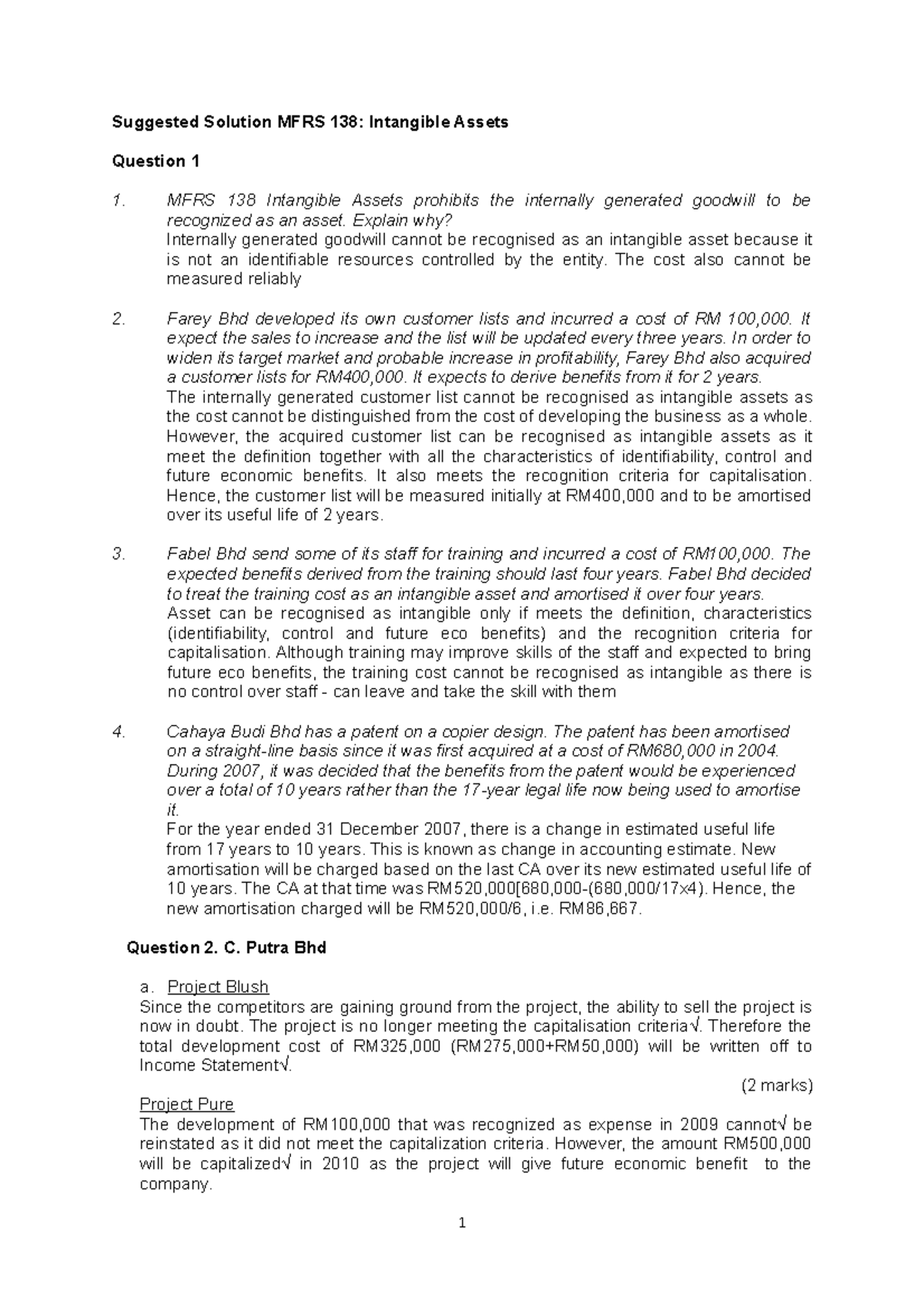 MFRS138-SS - mfrs 138 - Suggested Solution MFRS 138: Intangible Assets ...