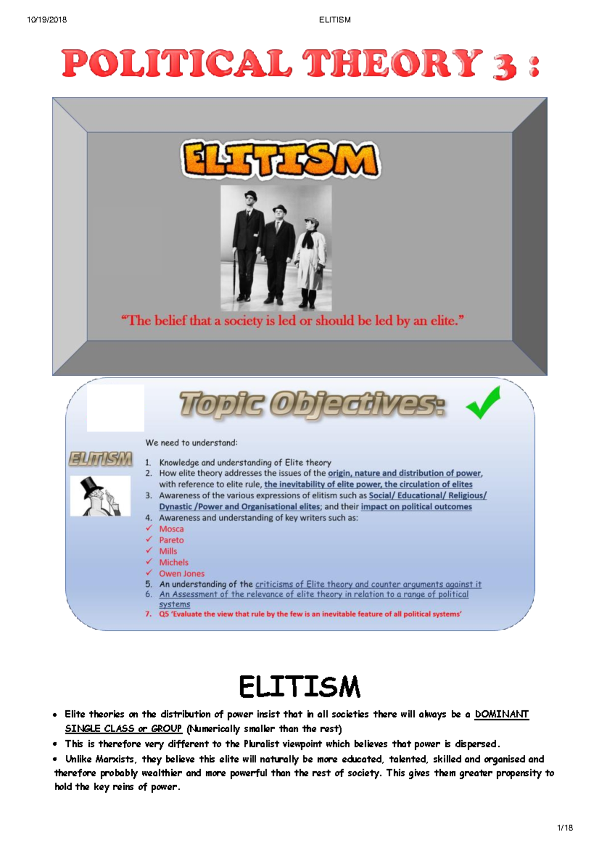 A22 Power Elitism - ELITISM Elite theories on the distribution of power ...