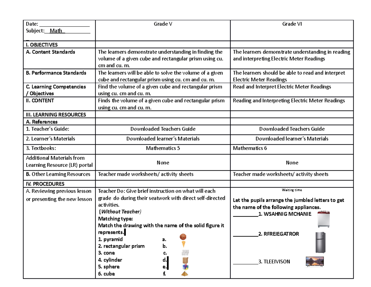 Math cot q4 - COT - Date: __________________ Subject:Math ...