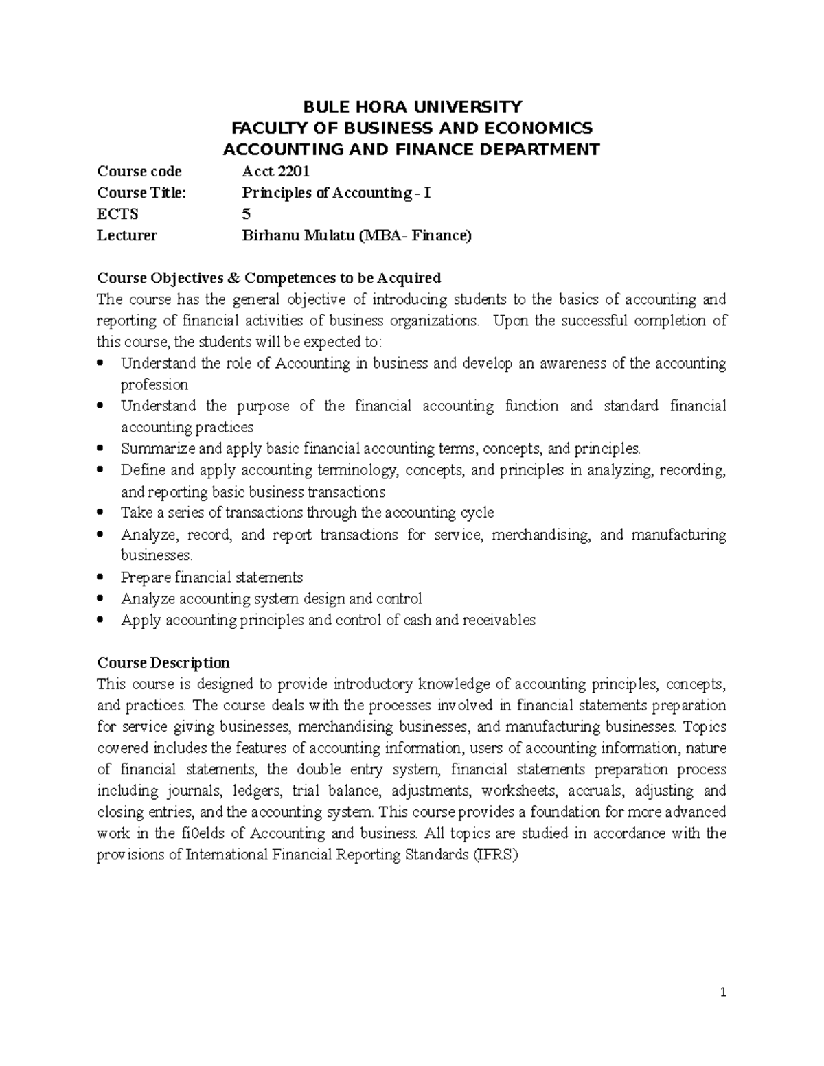 Eco outline - THE GOOD - BULE HORA UNIVERSITY FACULTY OF BUSINESS AND ...