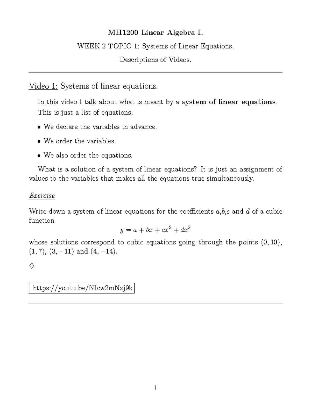 2.1 Systems of Linear Equations - MH1200 Linear Algebra I. WEEK 2 TOPIC ...