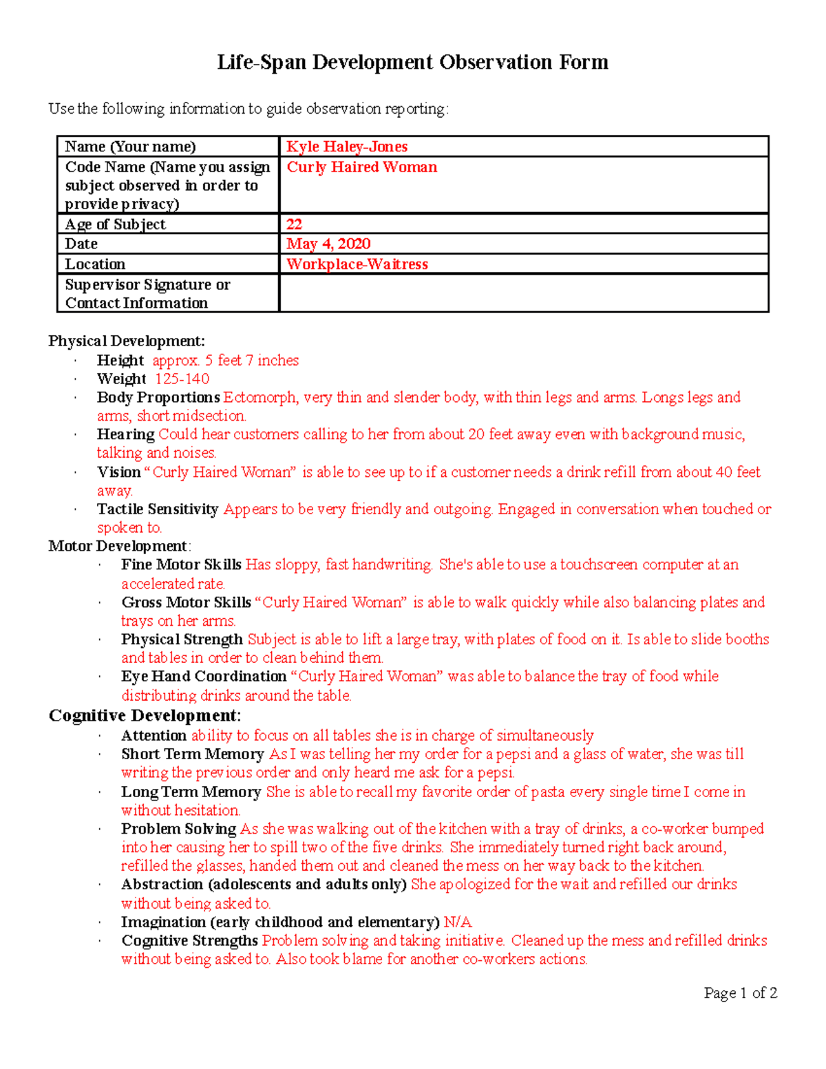 Adulthood Observation - Life-Span Development Observation Form Use the ...