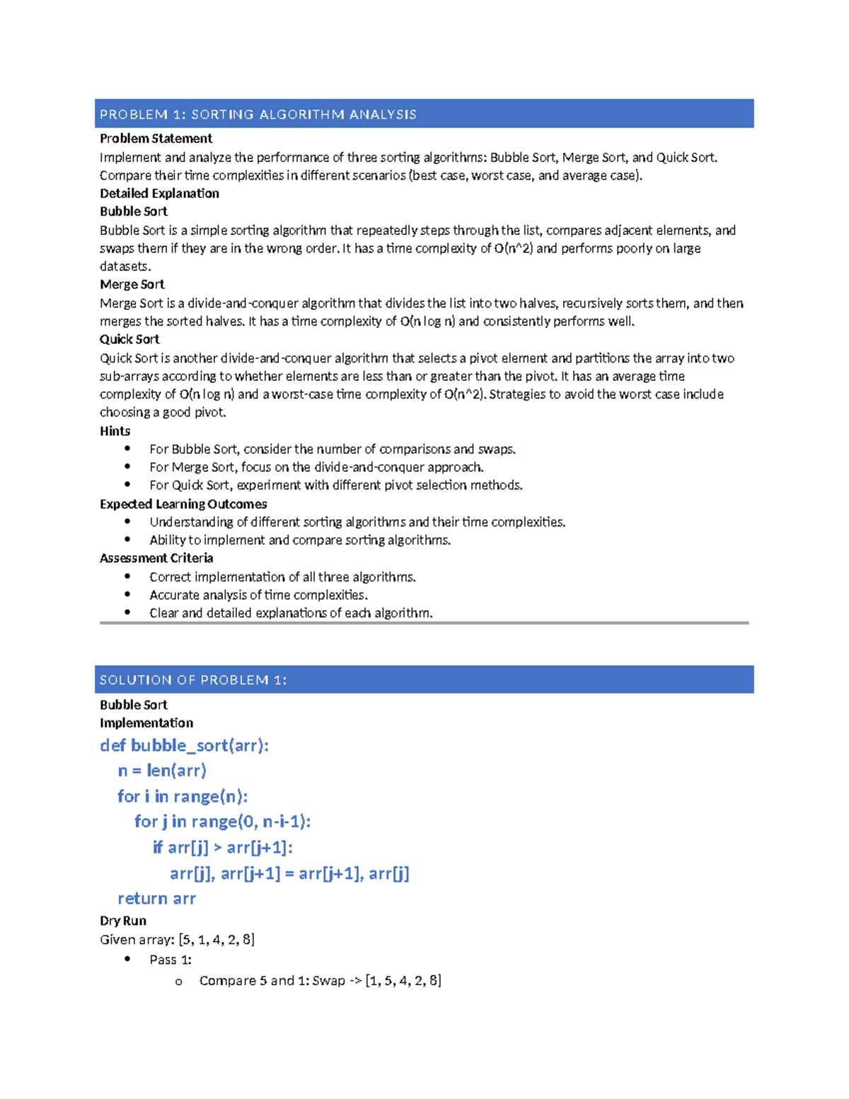 Problem 1 Solution - PROBLEM 1: SORTING ALGORITHM ANALYSIS Problem Statement Implement and ...