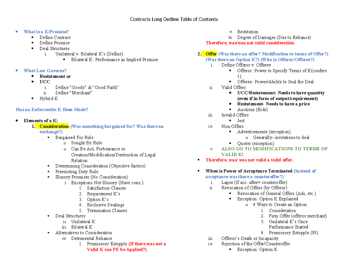 Contracts Outline Table of Contents - What is a K/Promise? Define ...