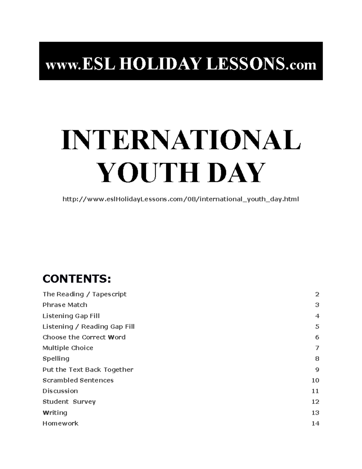 International youth day - ESL HOLIDAY LESSONS INTERNATIONAL YOUTH DAY ...