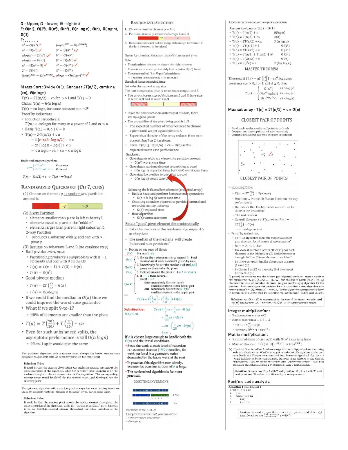 Cs381 Midterm Cheat Sheet O Upper Q Lower O Tightest Randomized Selection Recurrences Of