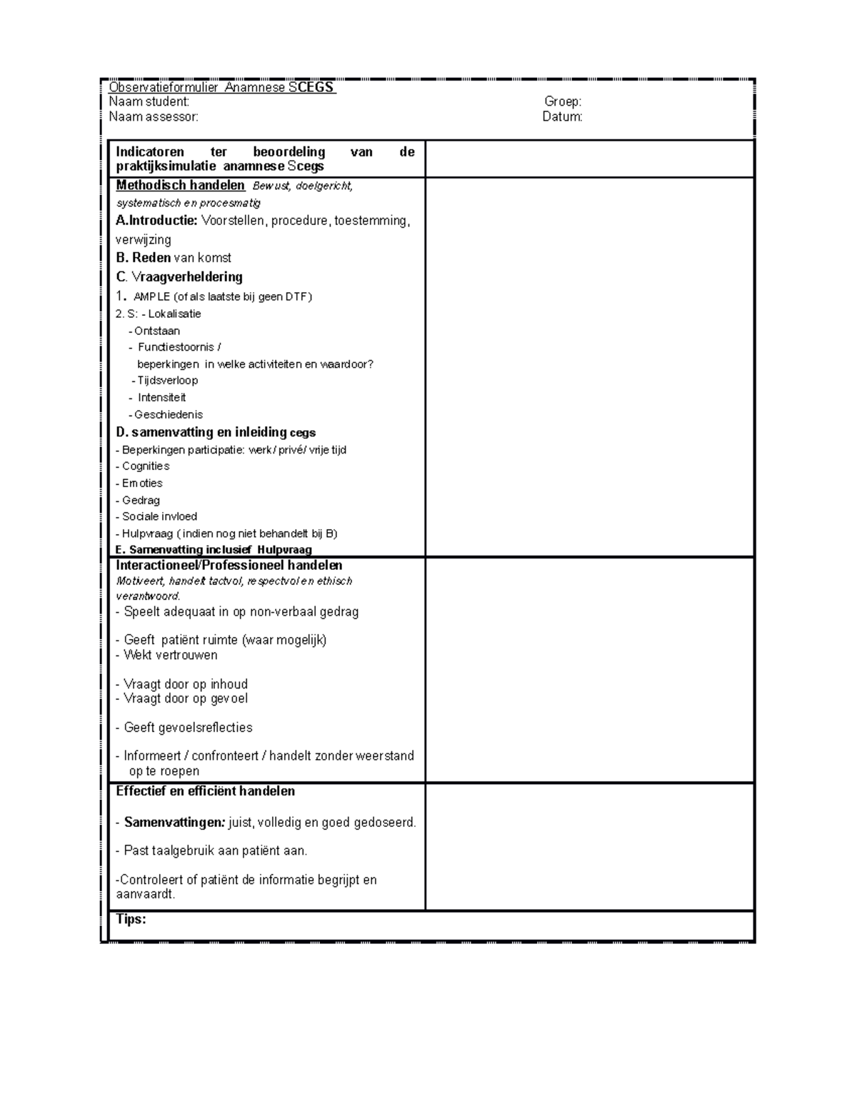 Anamnese-stappenplan - Observatieformulier Anamnese S CEGS Naam student ...
