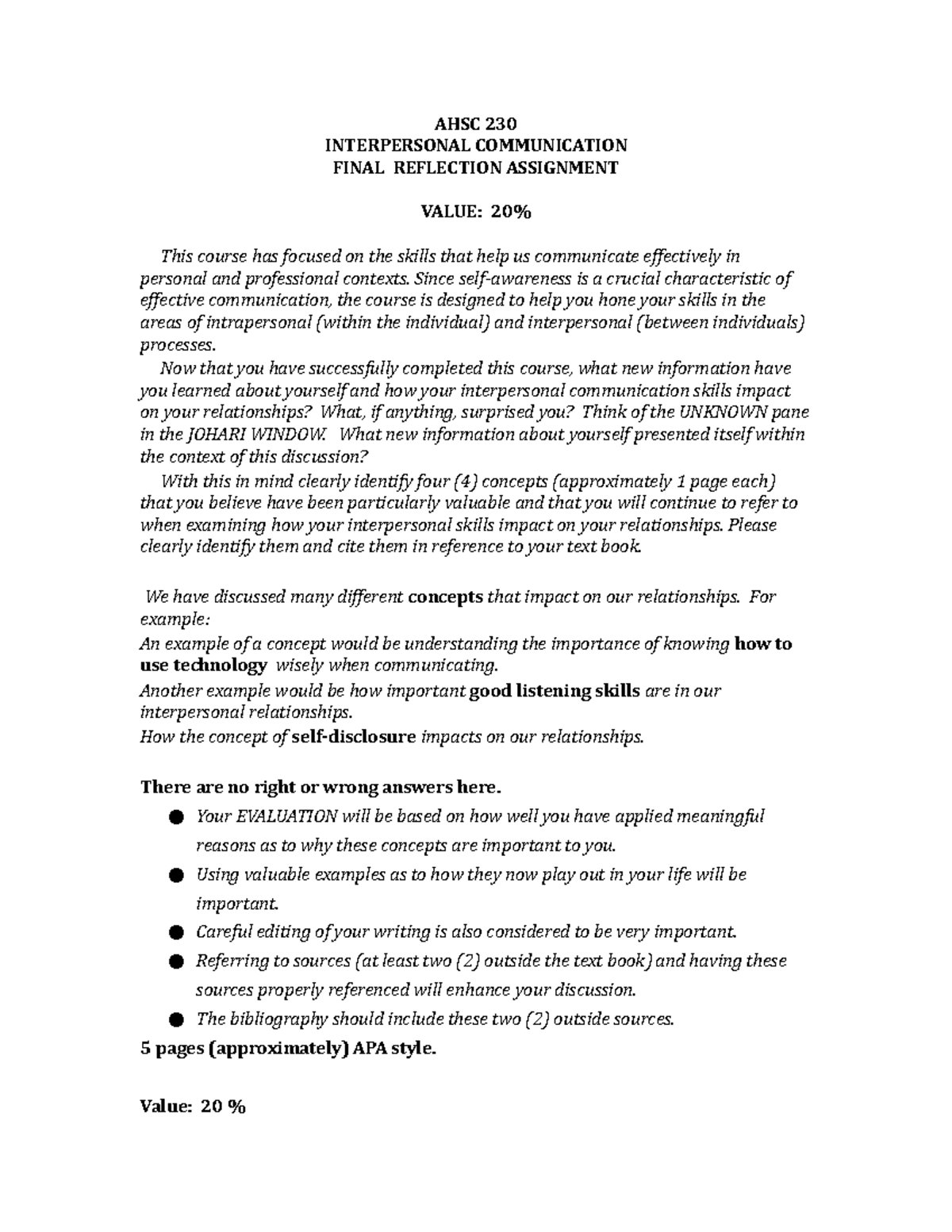 AHSC 230 Final Reflection Paper Winter 2023 - AHSC 230 INTERPERSONAL ...