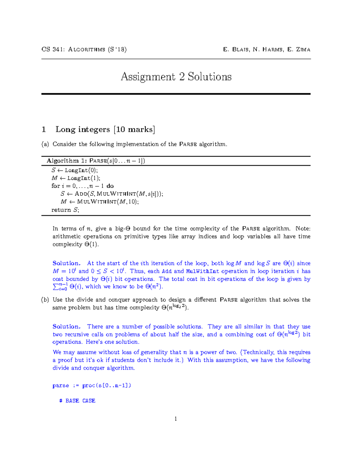 Assignment 2Solutions - CS 341: Algorithms (S ’18) E. Blais, N. Harms, E. Zima Assignment 2 ...
