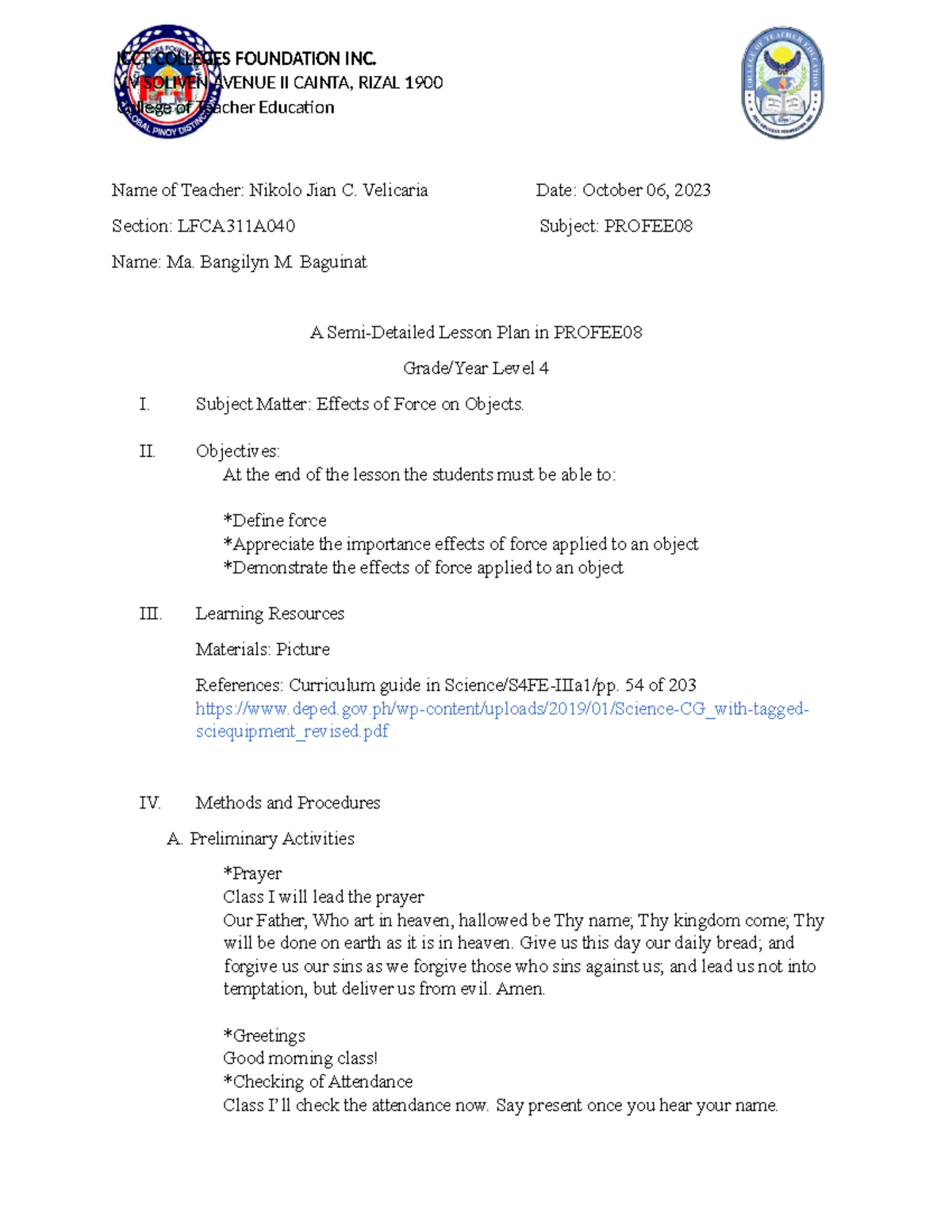 Lesson Plan Science - V SOLIVEN AVENUE II CAINTA, RIZAL 1900 College of ...