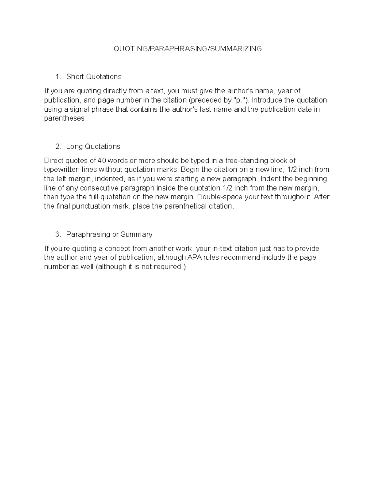 Quoting, Paraphrasing and Summary - QUOTING/PARAPHRASING/SUMMARIZING ...