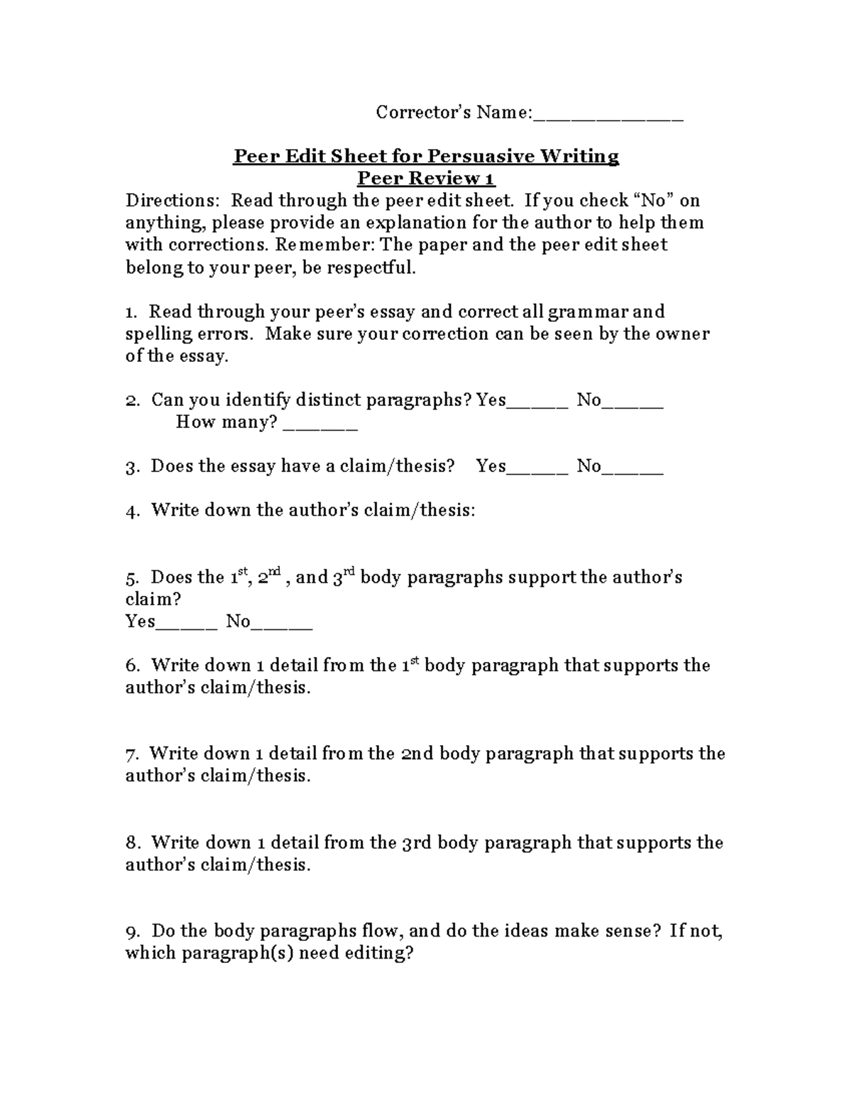 Peer editing sheet for expository - Corrector’s Name:____________ Peer ...