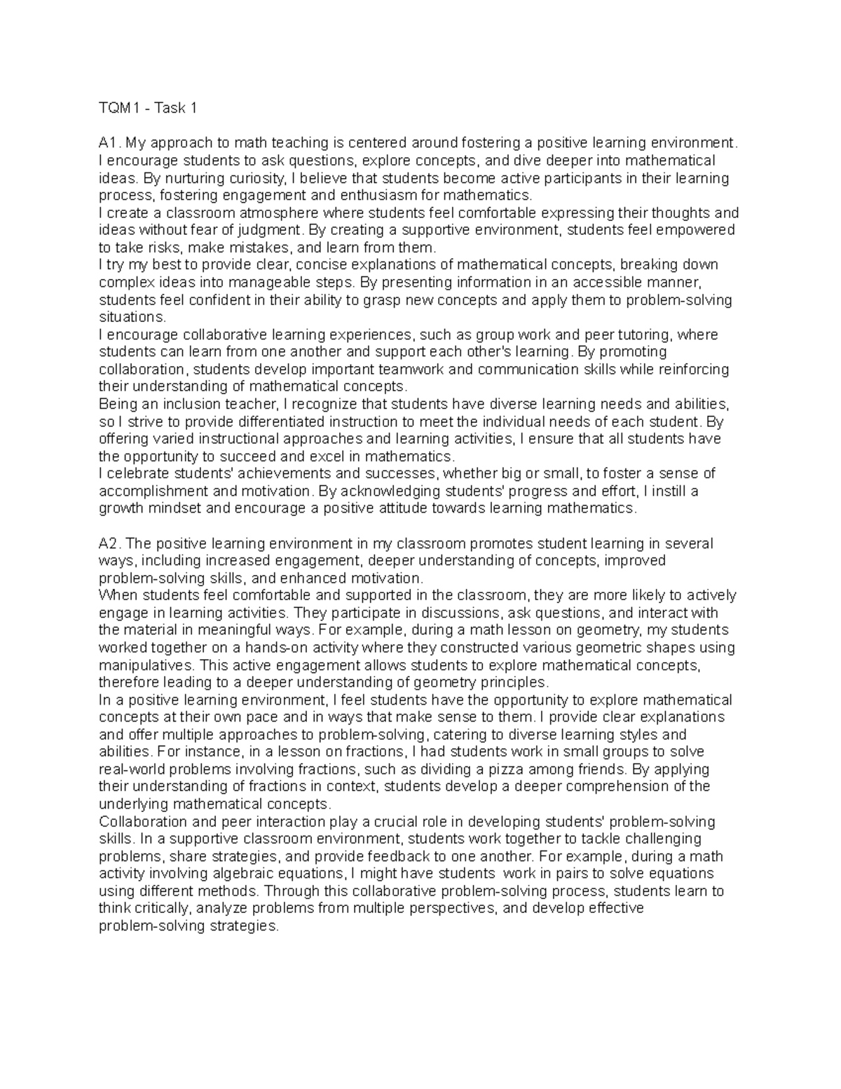 TQM1 - Task 1-2 - TQM1 - Task 1 A1. My approach to math teaching is ...