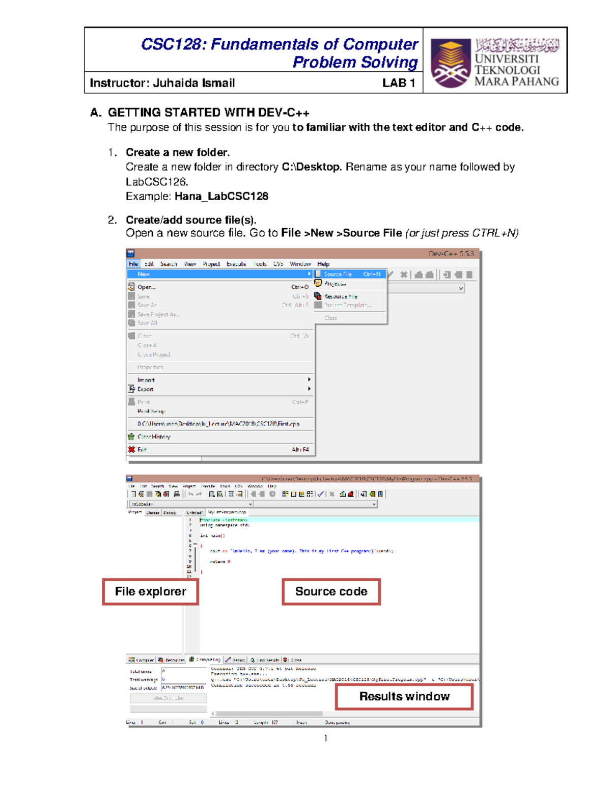 CSC128 LAB 1 - ............ - 1 CSC128: Fundamentals of Computer Problem Solving Instructor ...