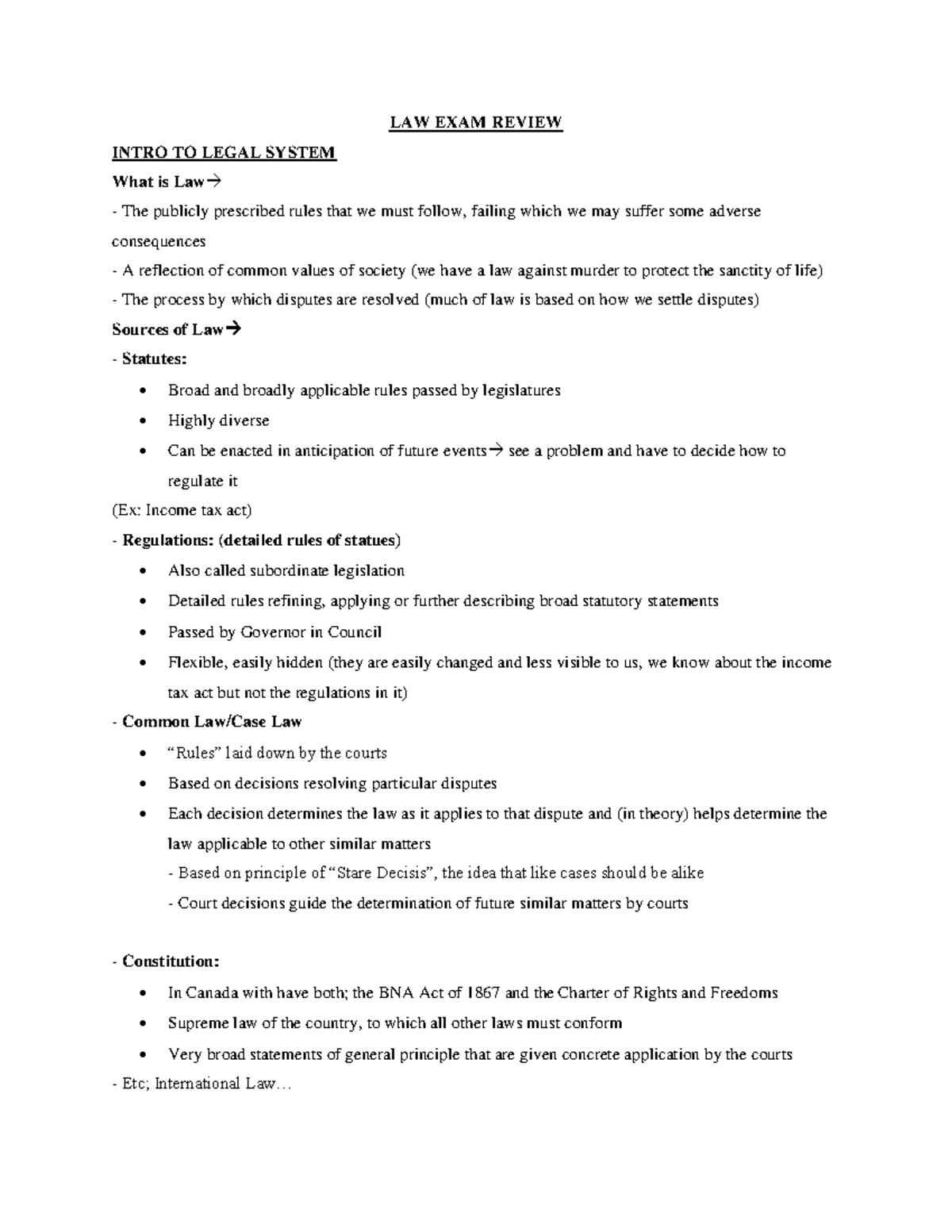 Law review exam - LAW EXAM REVIEW INTRO TO LEGAL SYSTEM What is Law→ ...