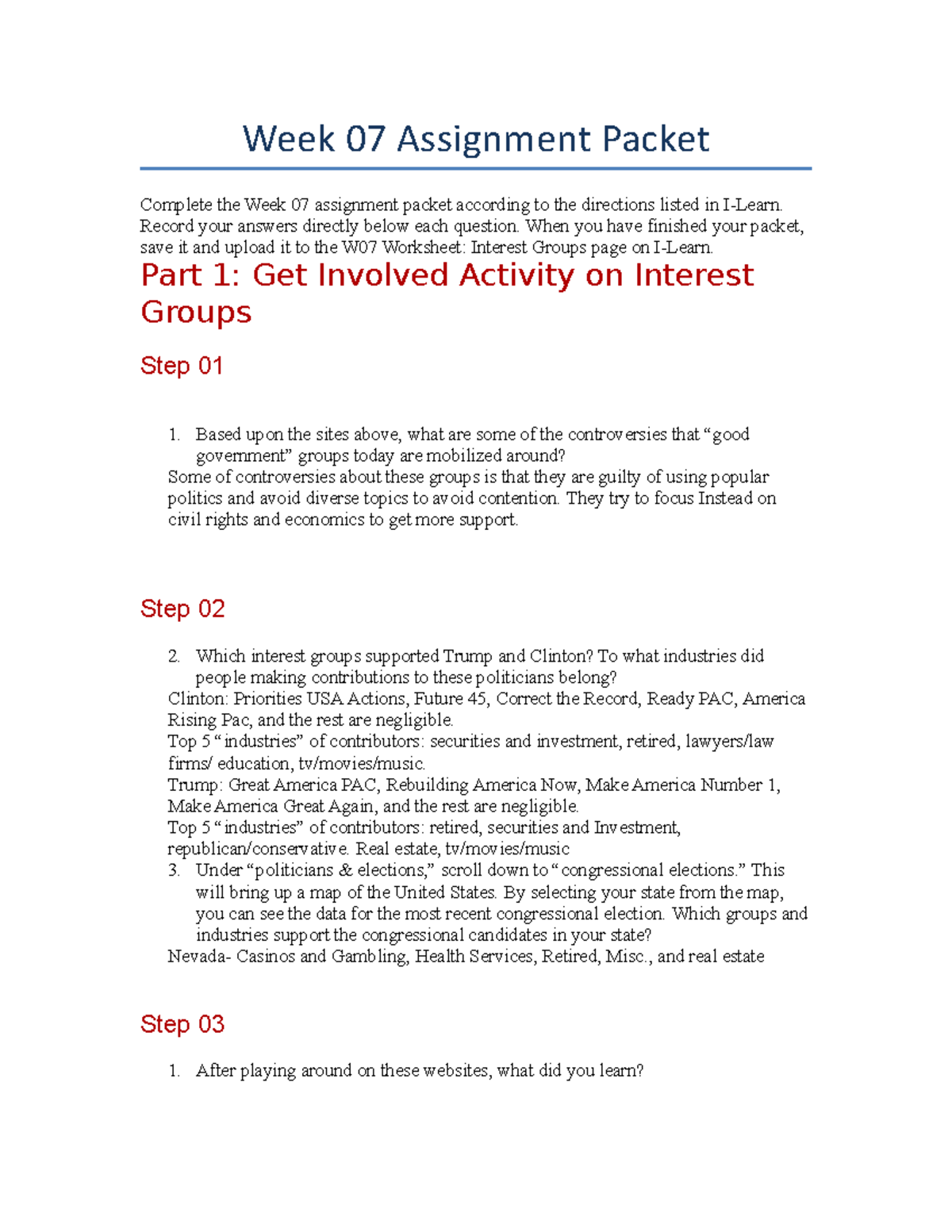 Week07Assignment Packet for American class - Week 07 Assignment Packet Complete the Week 07 ...