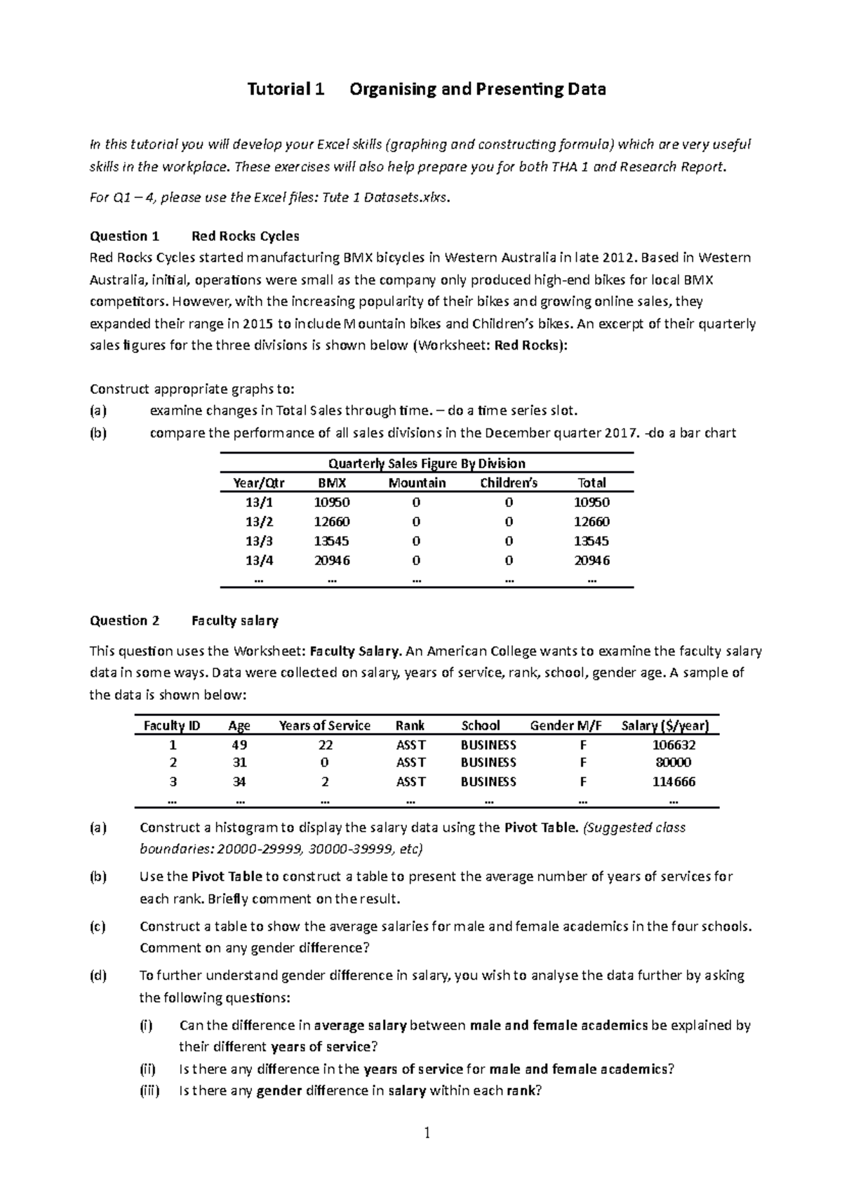 Tute 1 Organising and Presenting Data - Tutorial 1 Organising and ...