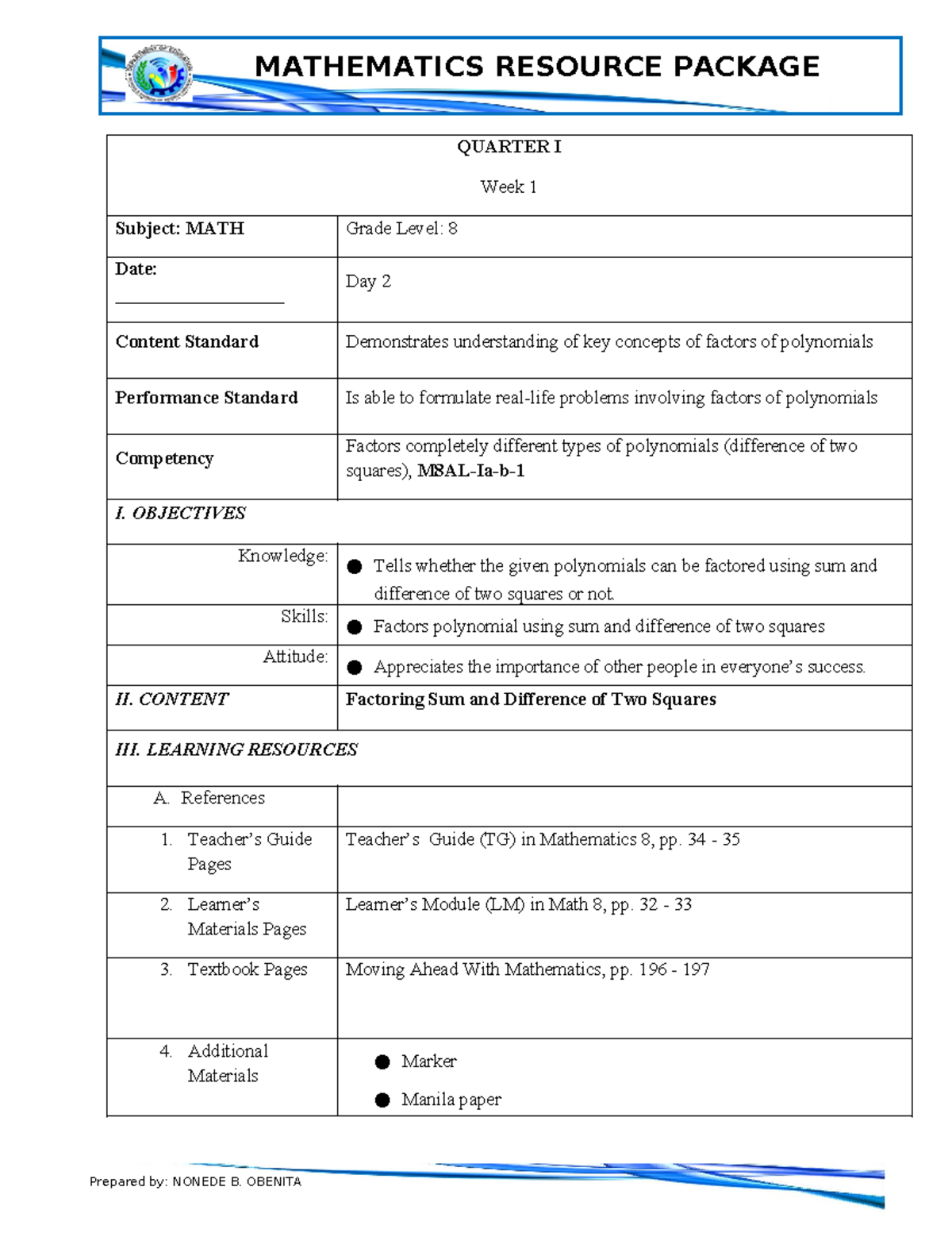 DLL-8 (WEEK 1, day 2) - QUARTER I Week 1 Subject: MATH Grade Level: 8 ...