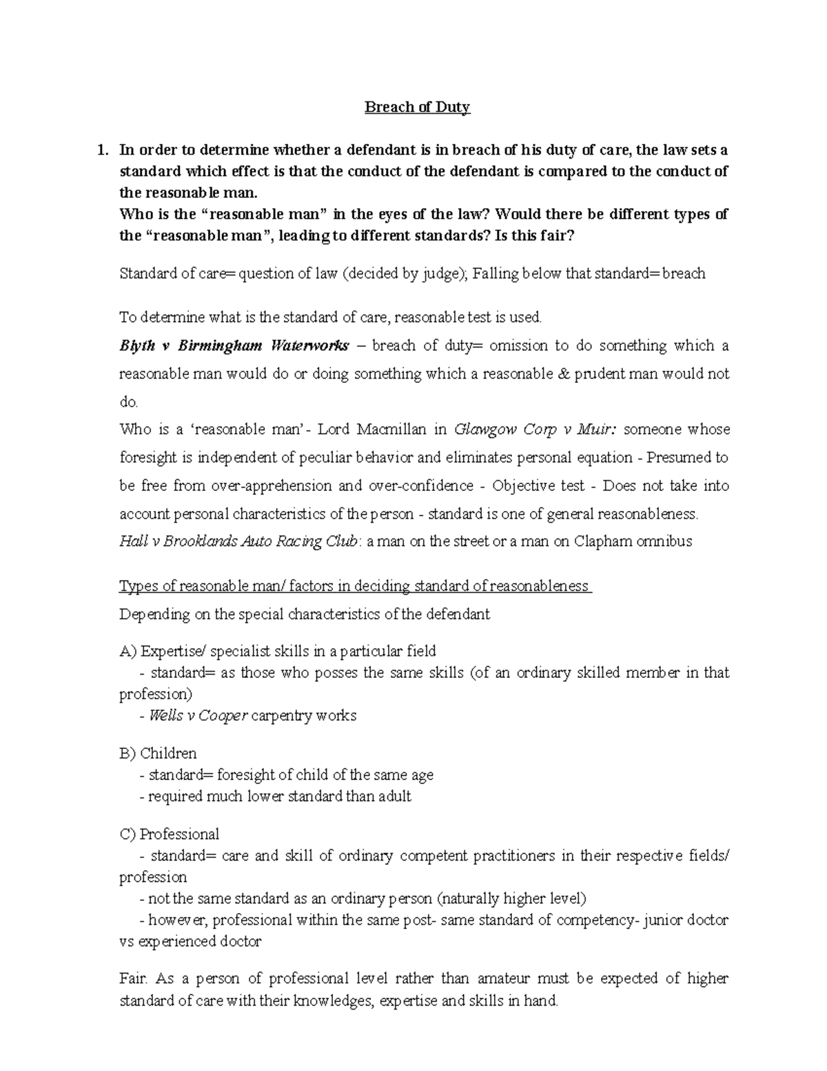 Tutorial On Breach Of Duty Breach Of Duty 1 In Order To Determine
