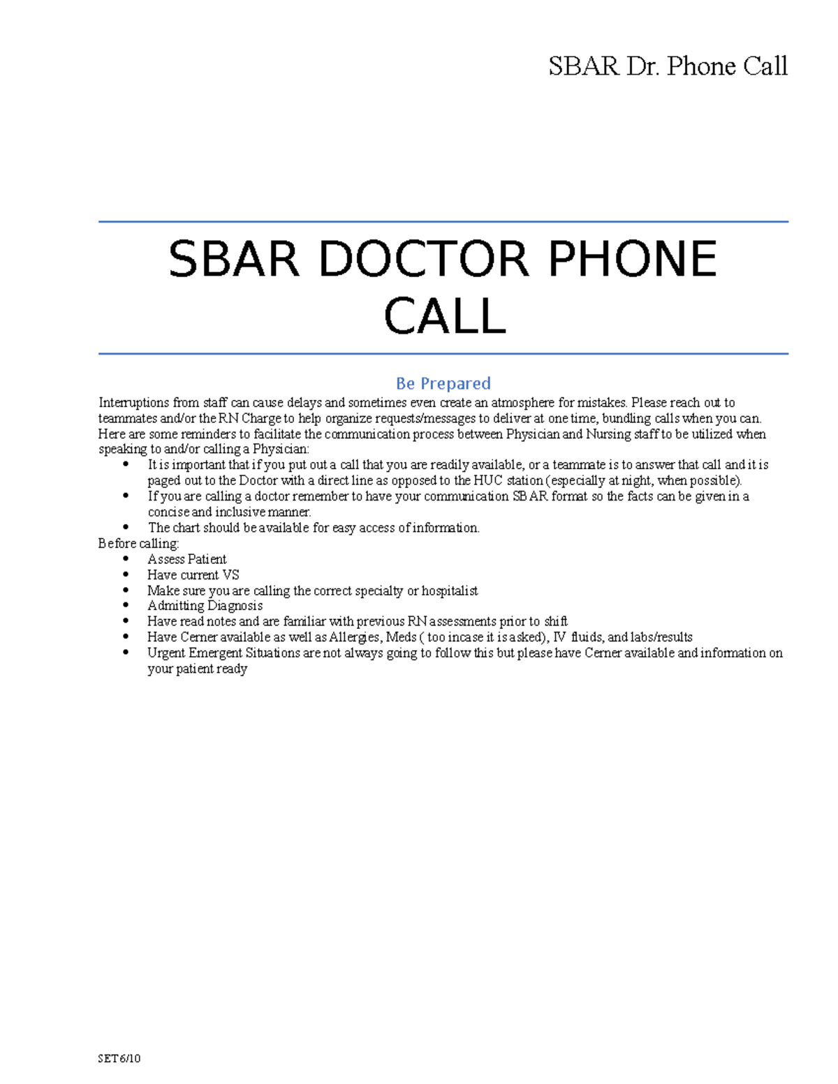 SBAR Phone Convo - Intro lecture - SBAR DOCTOR PHONE CALL Be Prepared ...