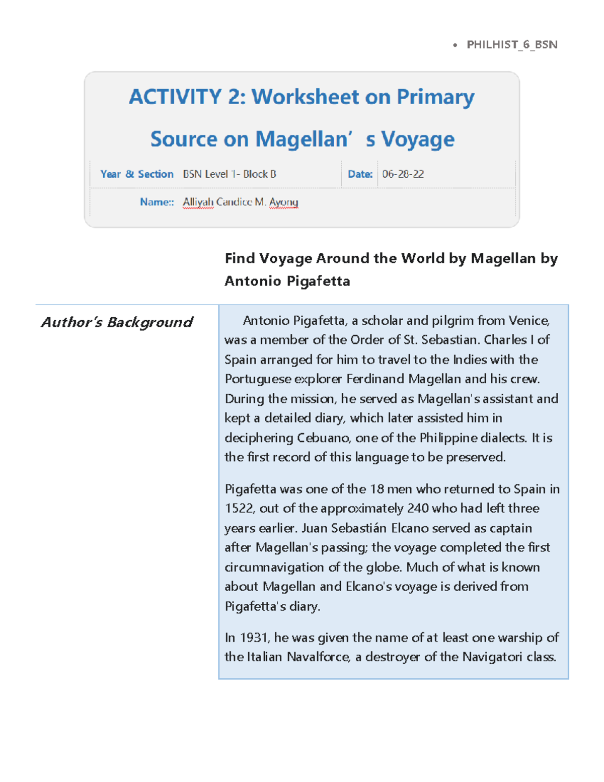 Ayong BSN 1B Activity 2-Worksheet on Primary Source on Magellan’s ...