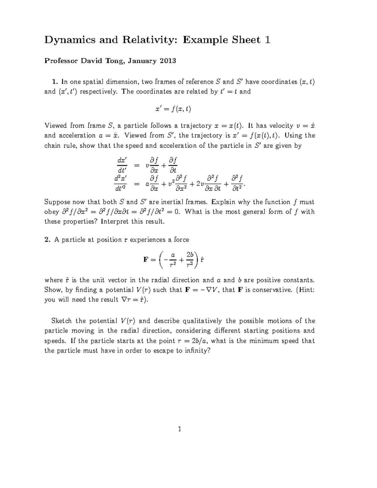 dynamic and relatively - Dynamics and Relativity: Example Sheet 1 ...