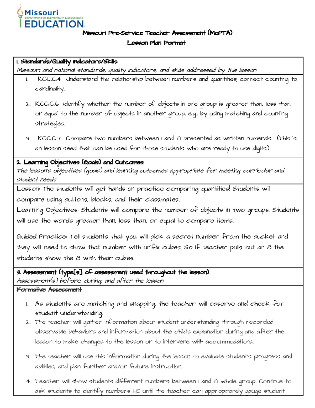 Unit 5 Assignment 1 One Day Lesson Plan - Missouri Pre-Service Teacher ...