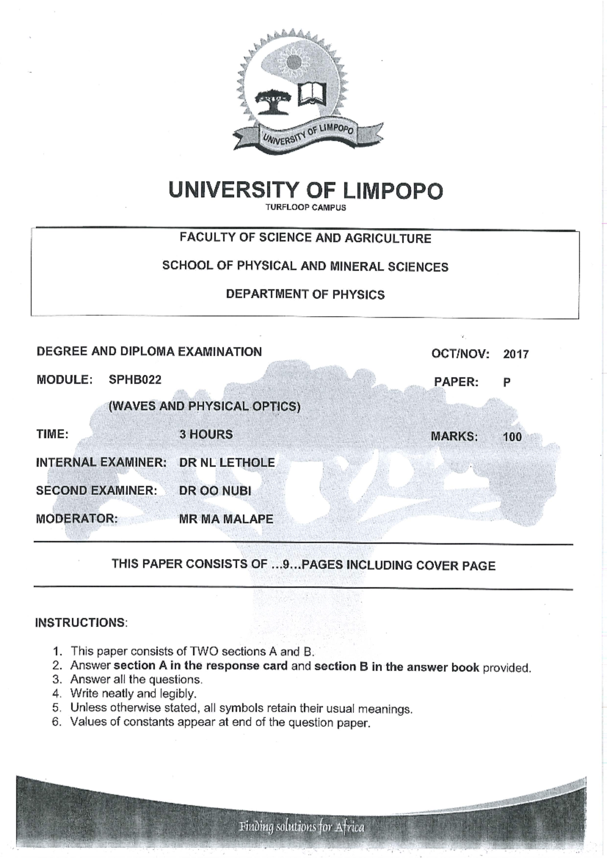 SPHB 022 OCT NOV 2017 - nov 2017 exam - UNIVERSITY OF LIMPOPO ...