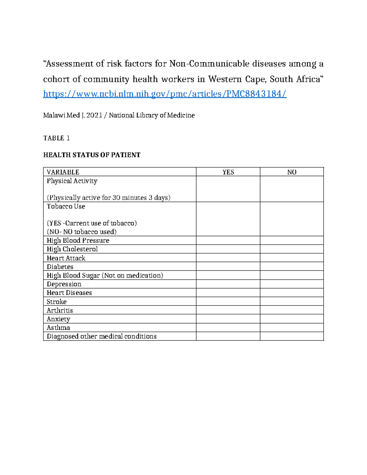 NCD questionnaire - “Assessment of risk factors for Non-Communicable ...