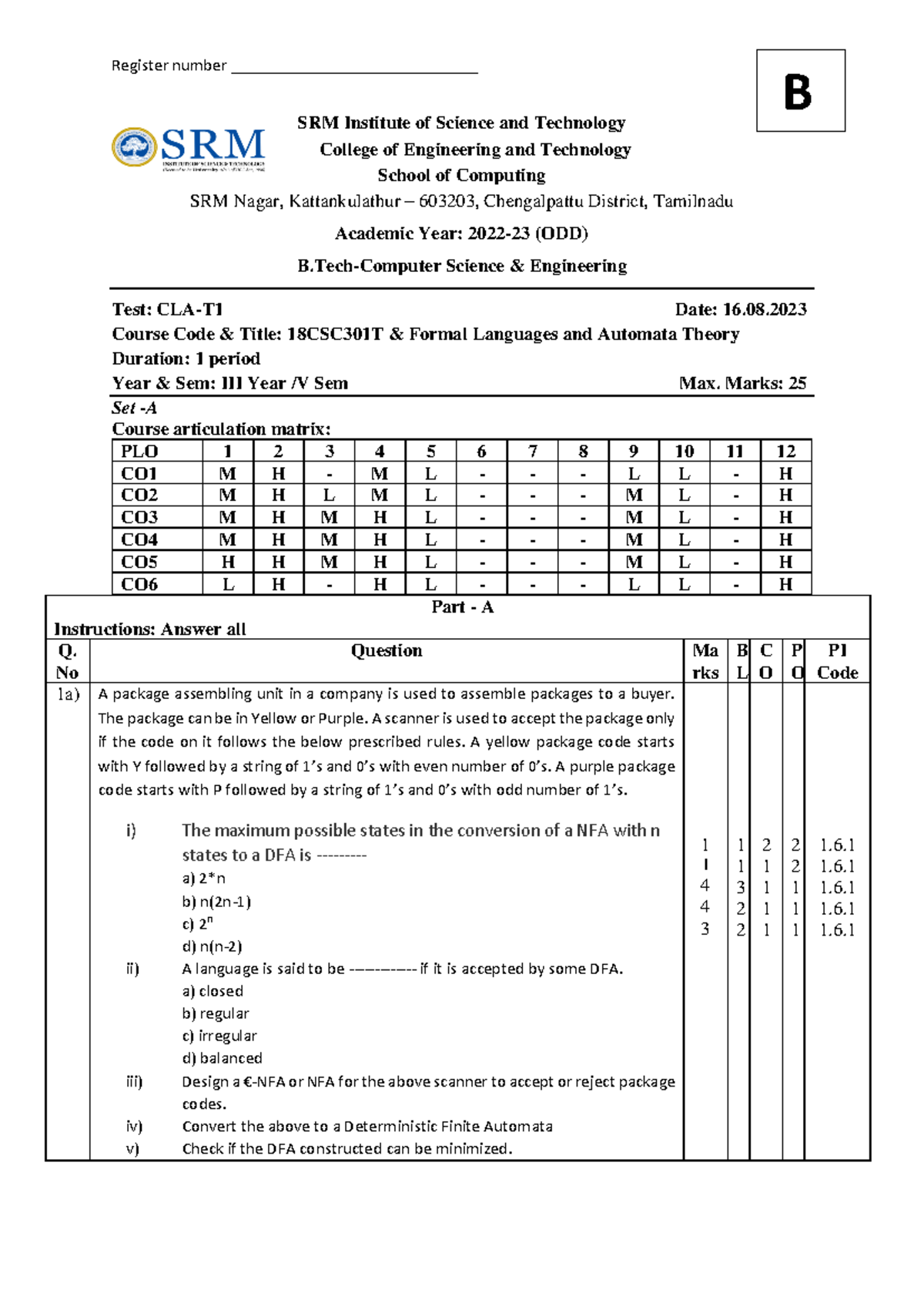 Cycle Test Paper - SRM Institute of Science and Technology College of ...