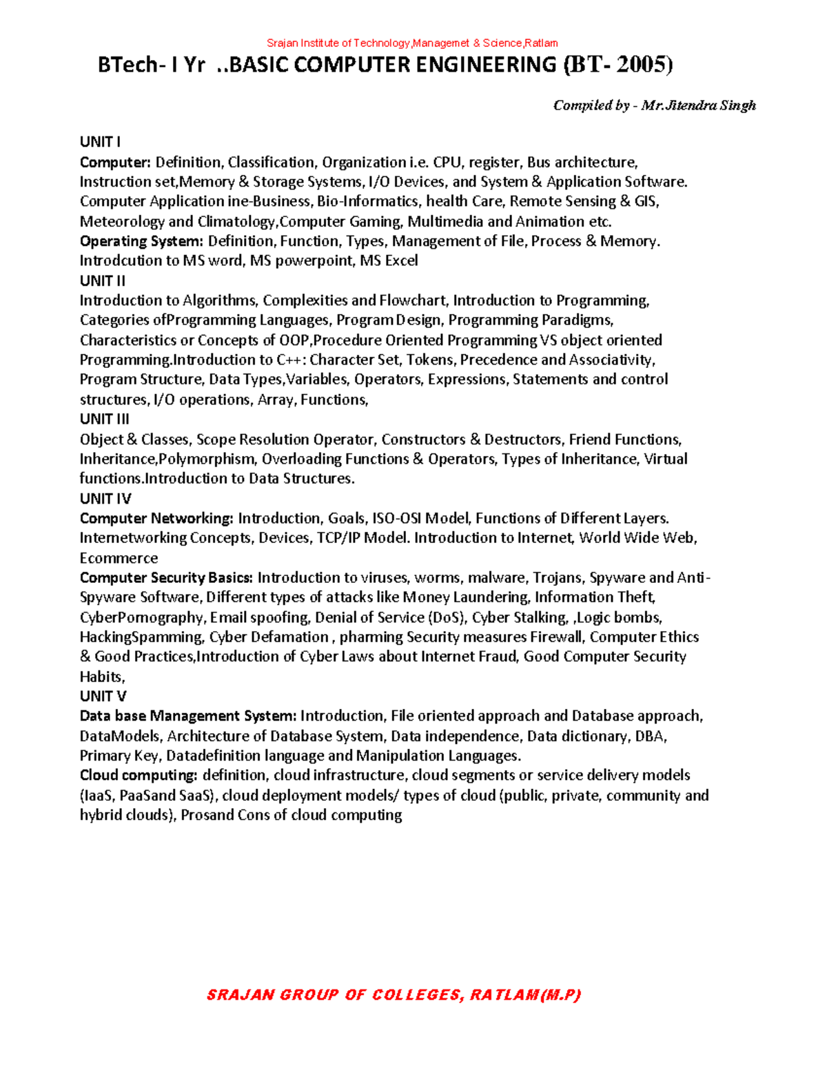 Unit01 - notes - BTech- I Yr . COMPUTER ENGINEERING (BT- 2005) Compiled ...