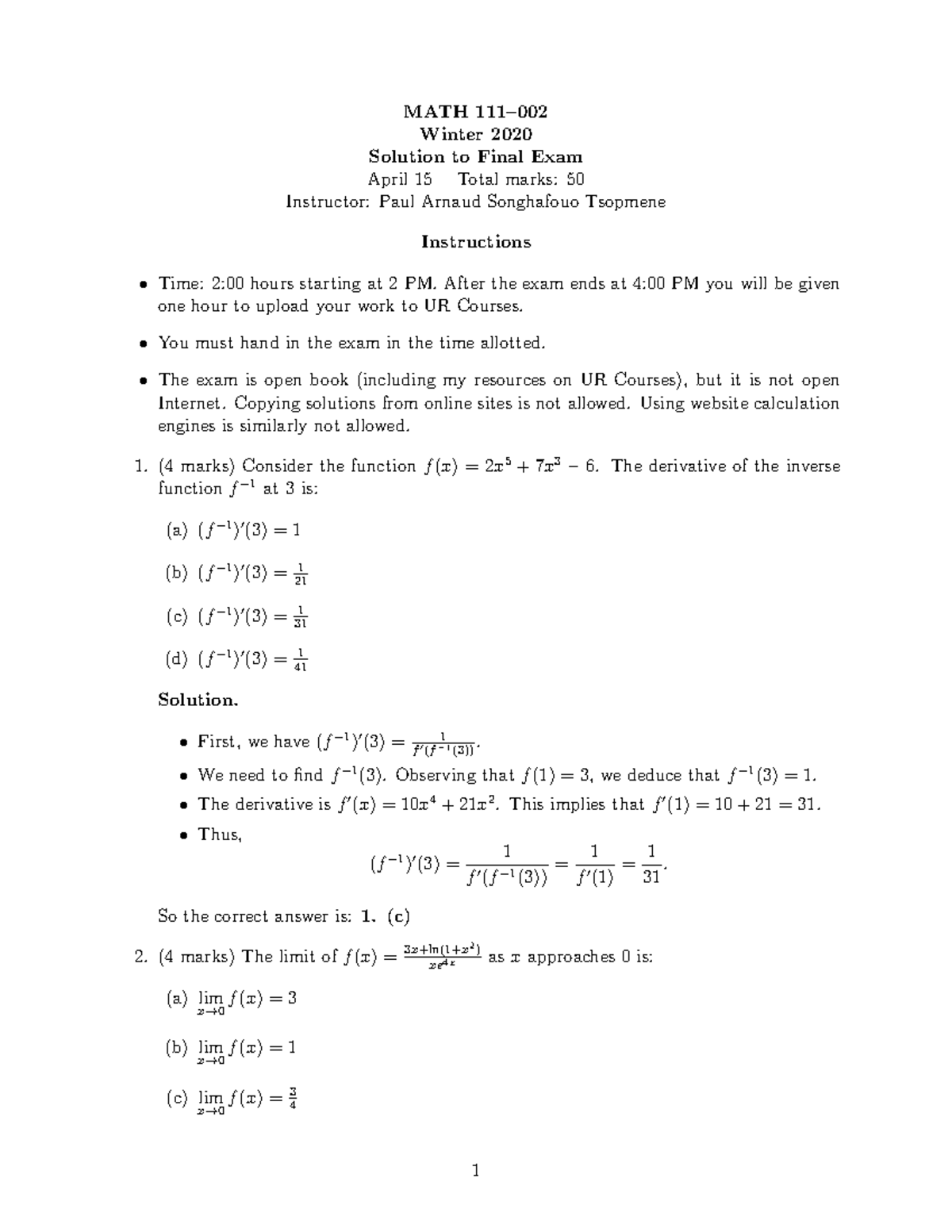 MATH111 Final Exam Winter 2020 solution - MATH 111– Winter 2020 ...