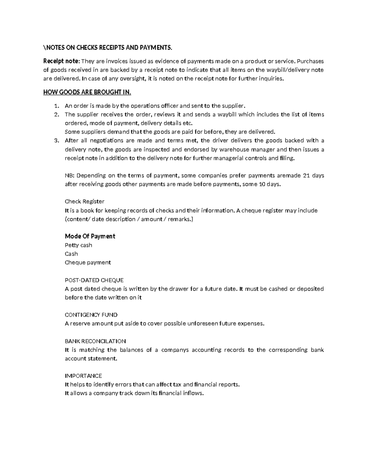 Notes ON Checks Receipts AND Payments - \NOTES ON CHECKS RECEIPTS AND ...