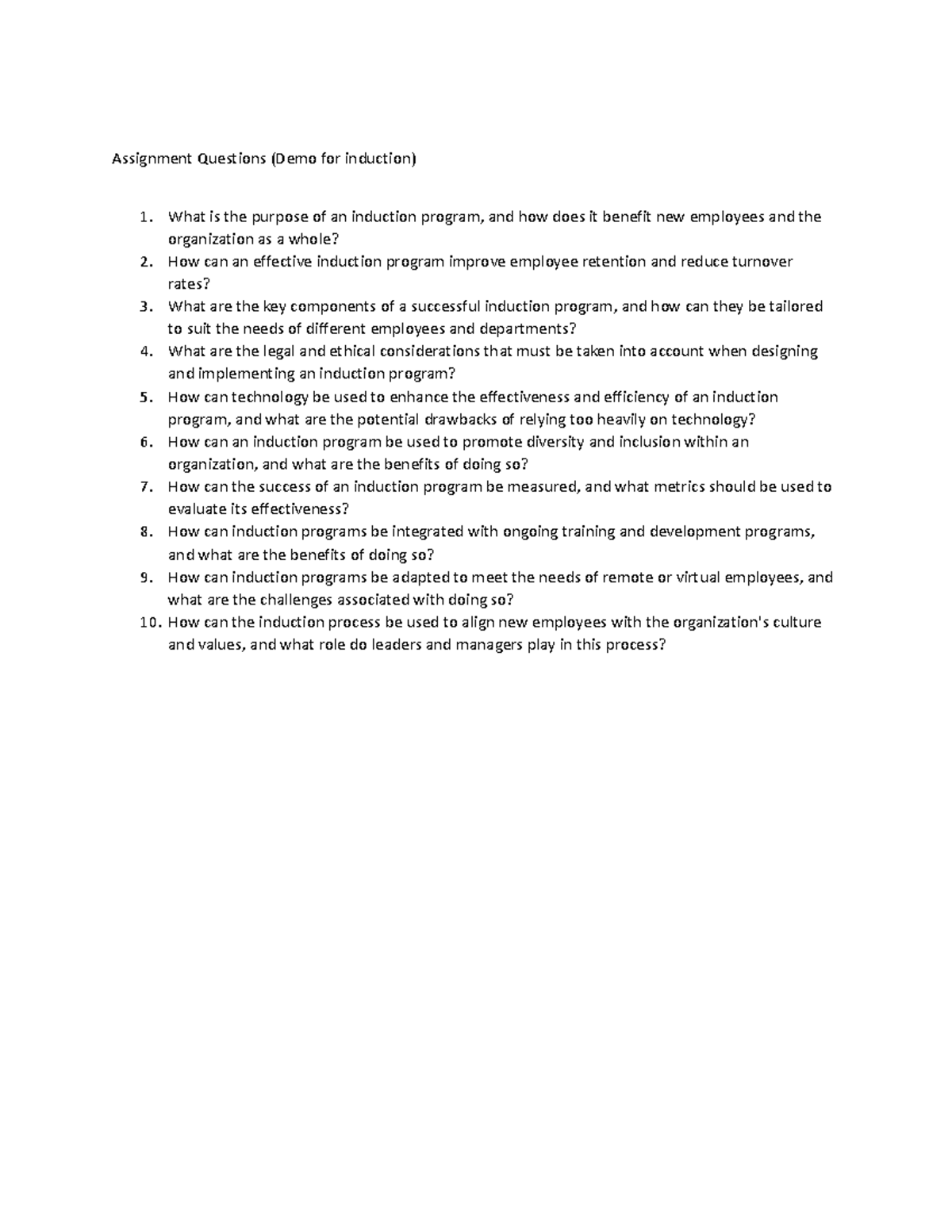 Assignment Questions Demo for induction - Studocu