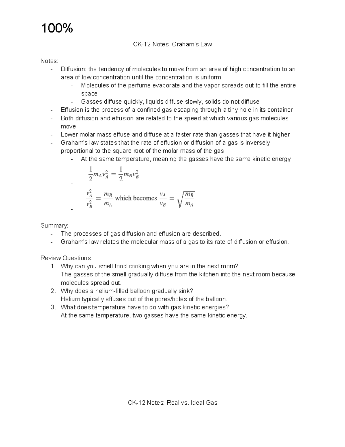 Ck12 assignments- “1.Graham’s Law 2. Real vs. Ideal Gas 3. Gas ...