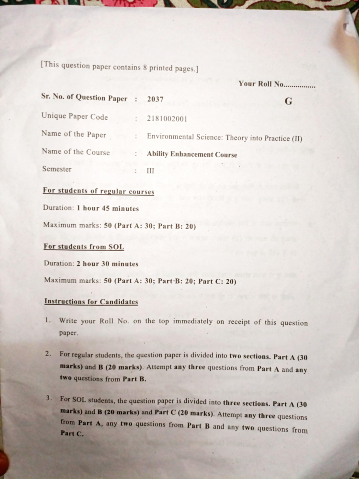 EVS PYQ - question paper contains 8 printed Your Roll No Sr. No. of ...