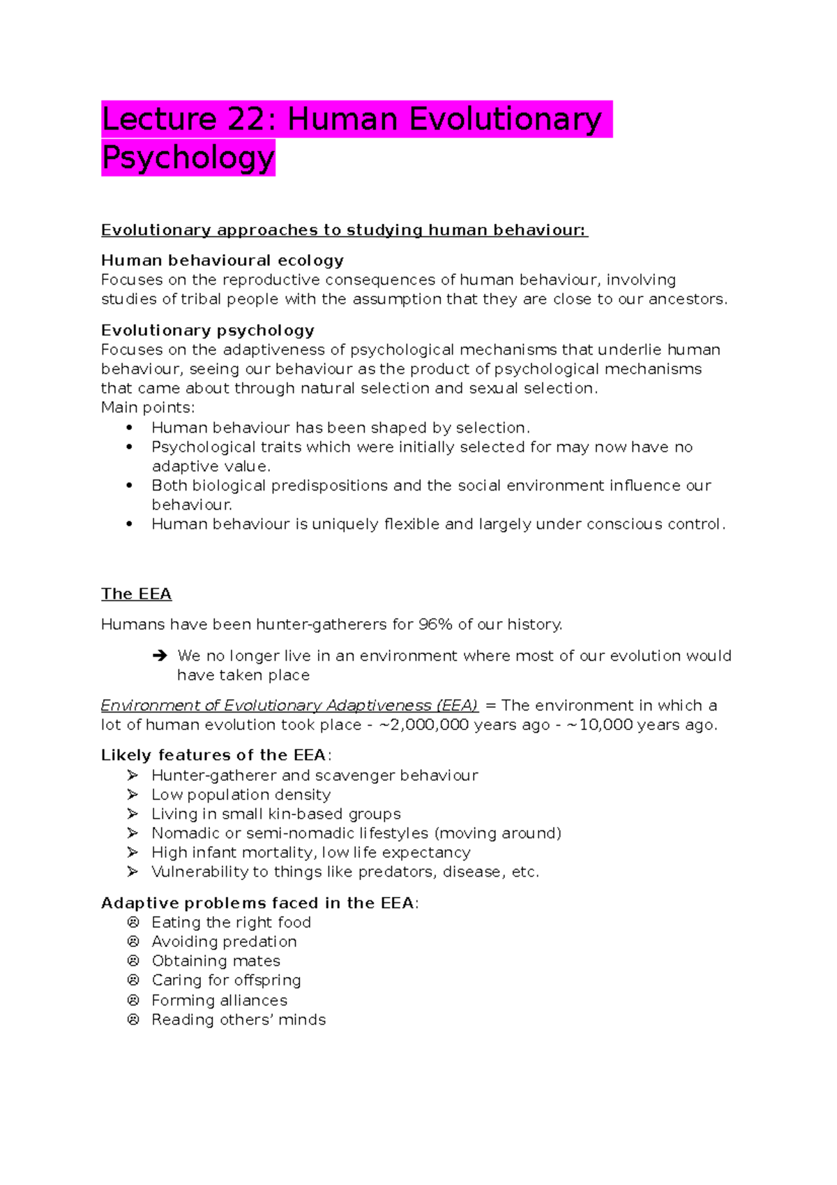 Lecture 22- Human Evolutionary Psychology - Lecture 22: Human ...