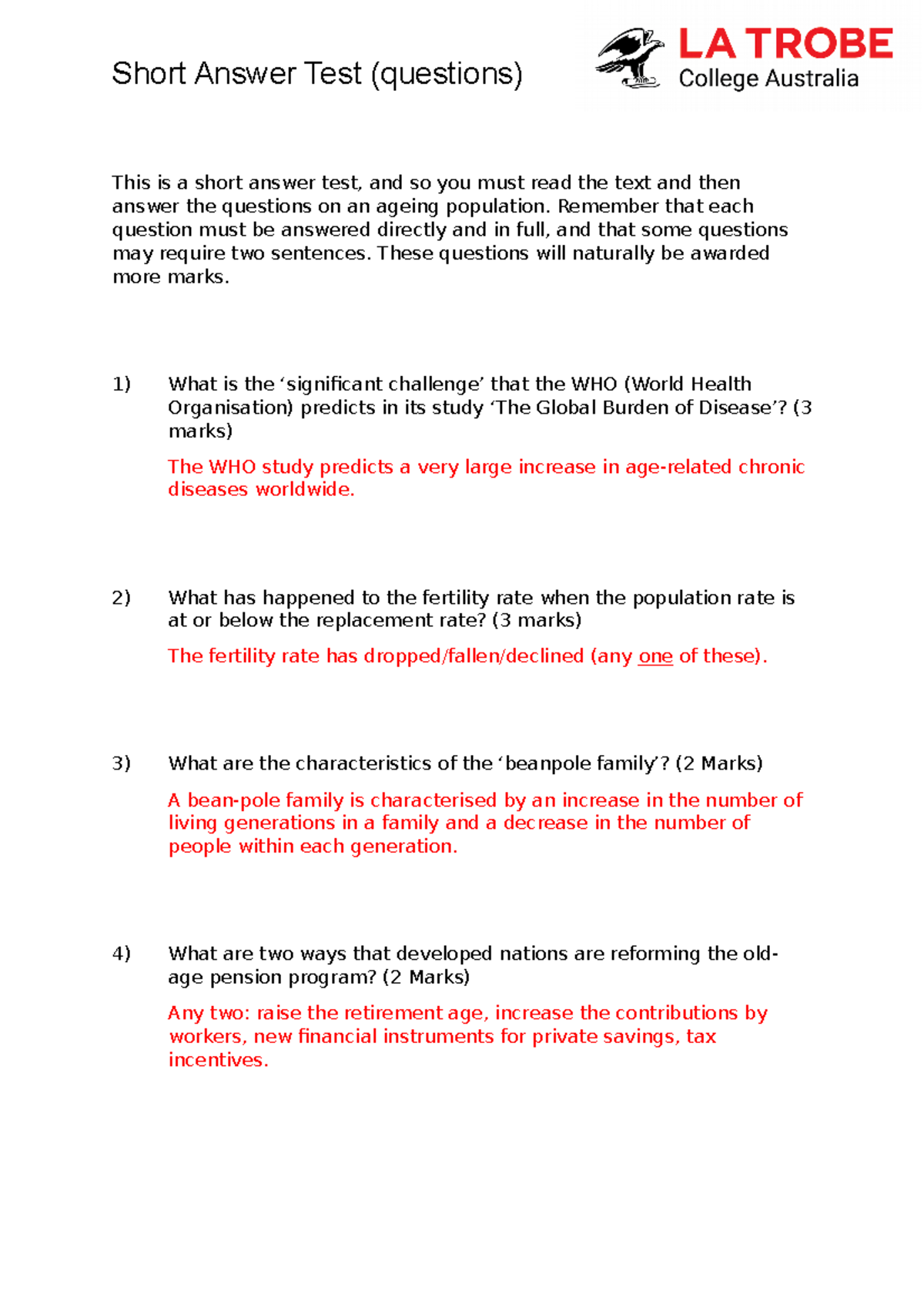 Rubric Short answer Test Qs Ageing Pop - Short Answer Test (questions ...