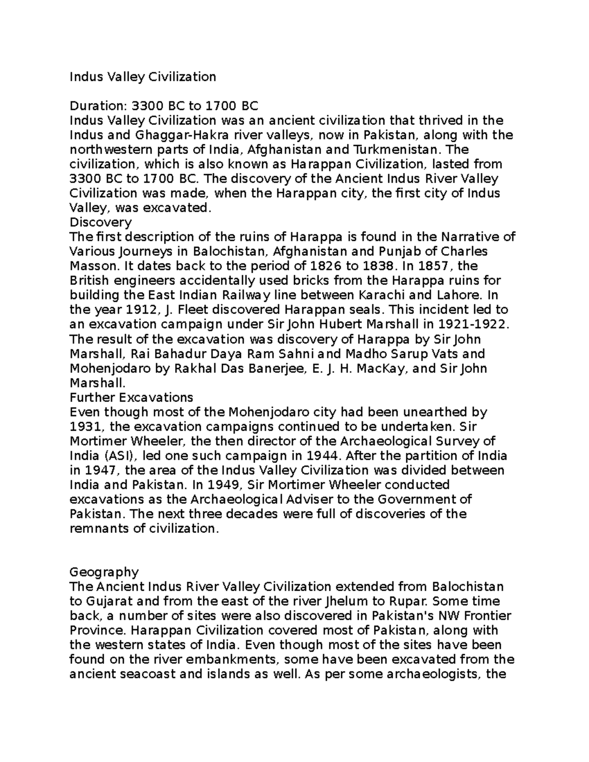 Indus Valley civilisation - Indus Valley Civilization Duration: 3300 BC ...