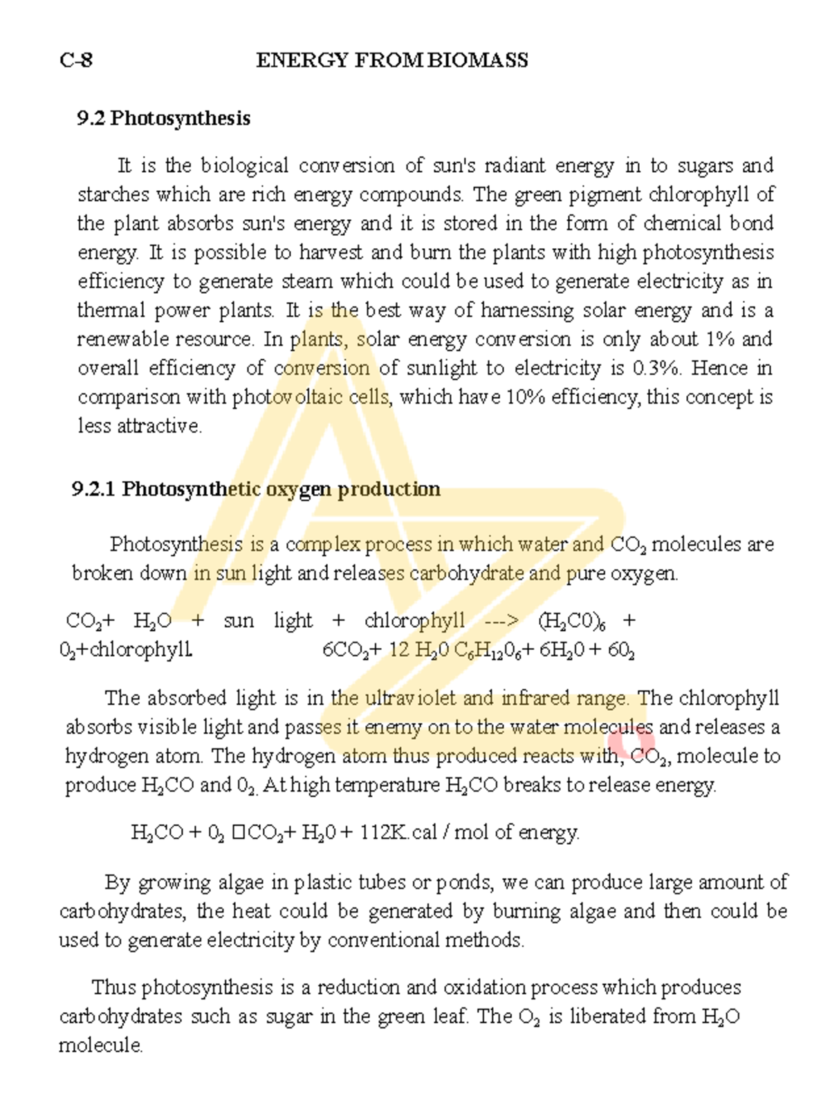 EE Mod2@Az Documents - NOTES - C-8 ENERGY FROM BIOMASS 9 Photosynthesis ...