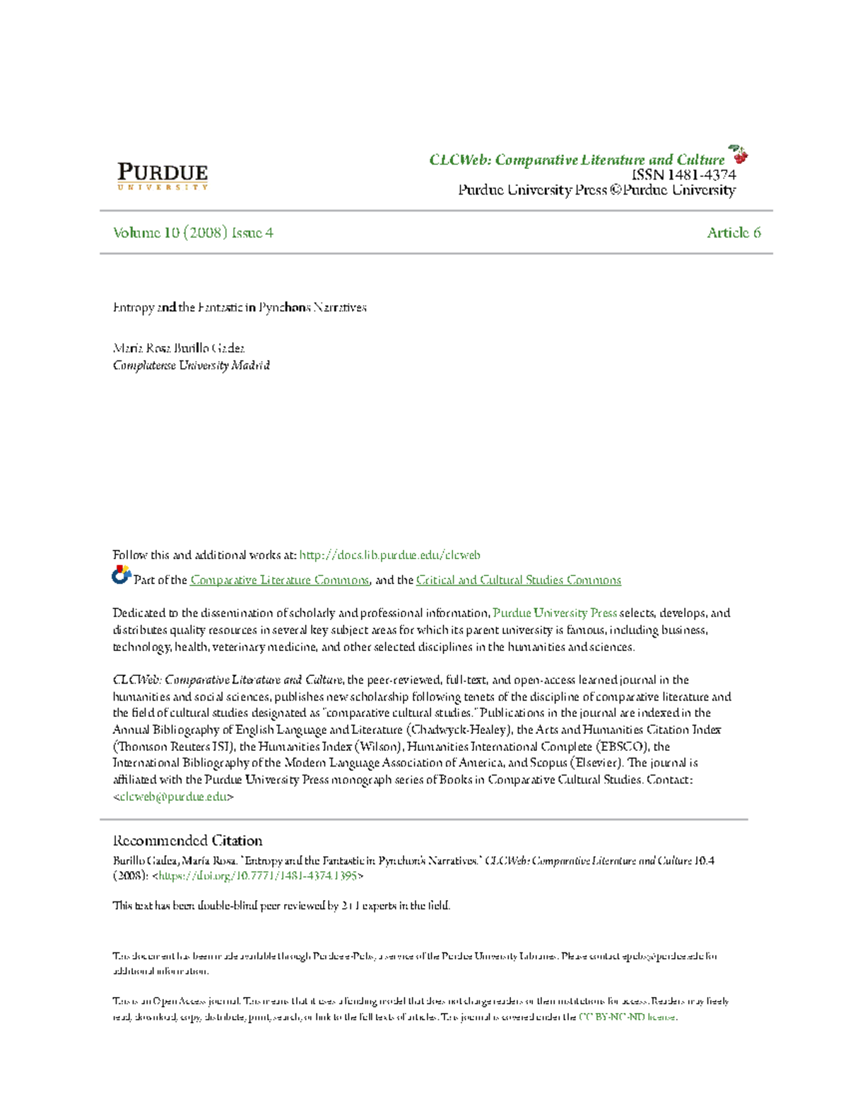 Entropy and the Fantastic in Pynchons Narratives - CLCWeb: Comparative ...