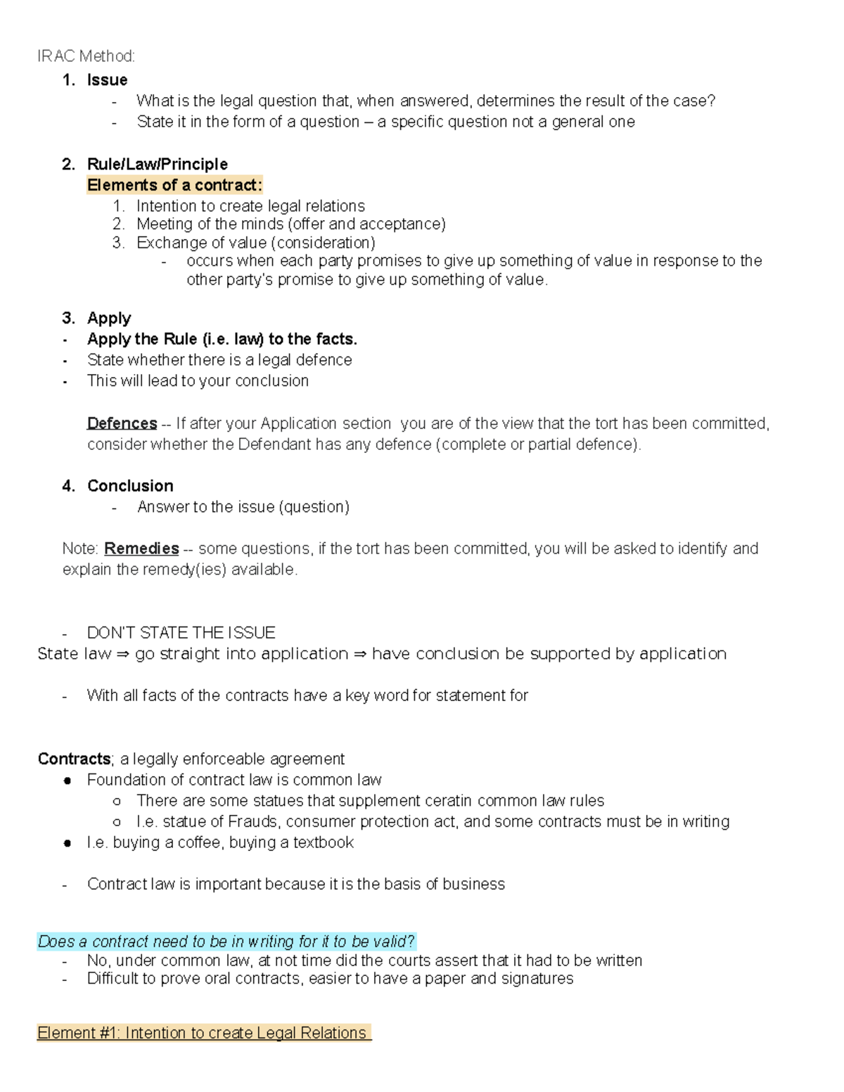 LAW 122 Final EXAM (P) - IRAC Method: Issue What is the legal question ...