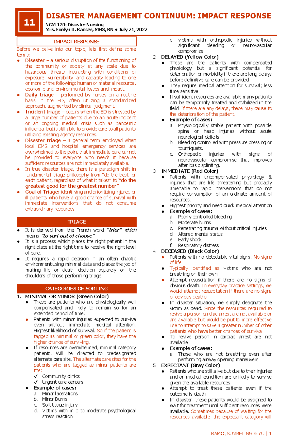 Disaster Management Continuum: Impact Response - 11 NCM 120: Disaster ...