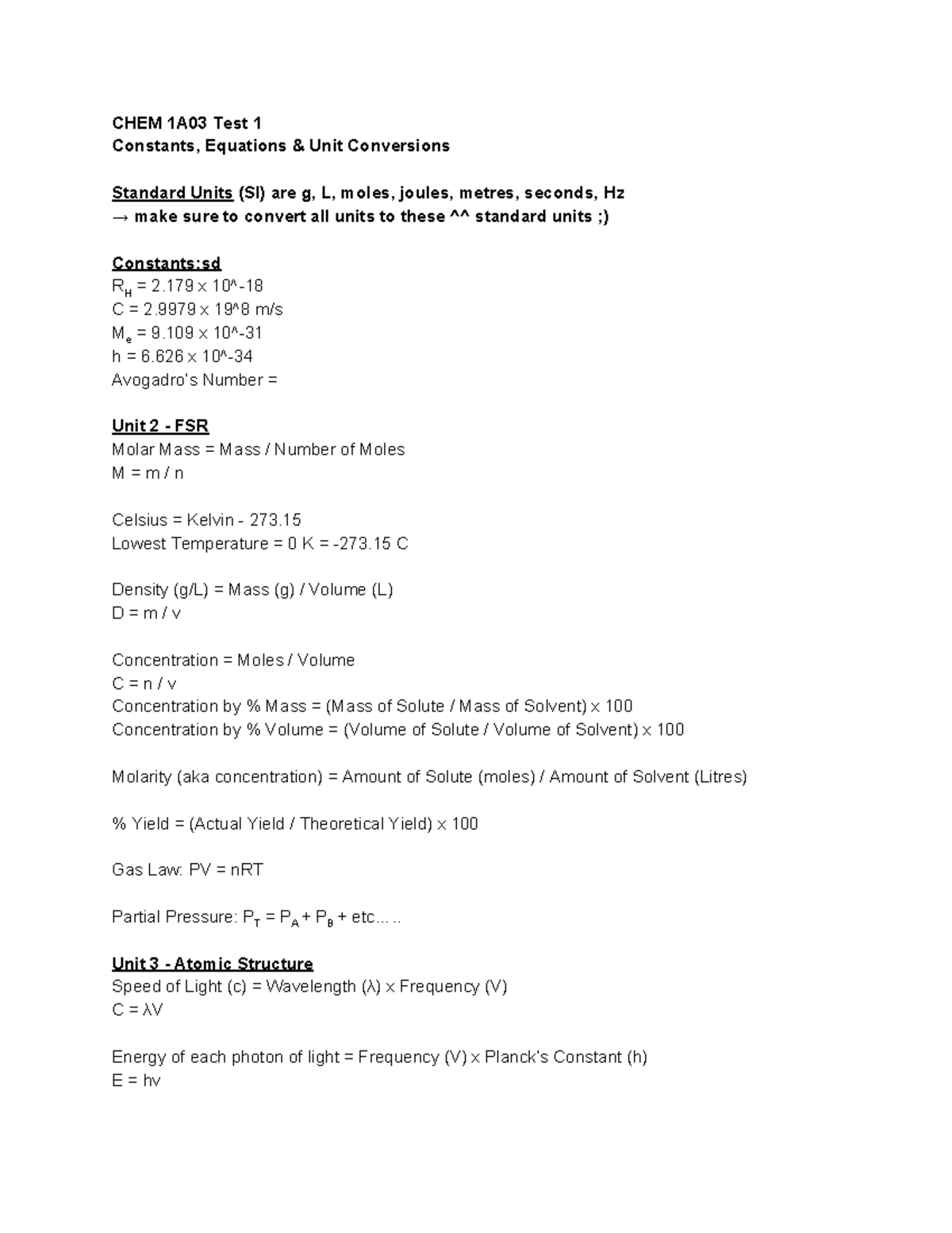CHEM1A03Test1Equations Constants - CHEM 1A03 Test 1 Constants ...